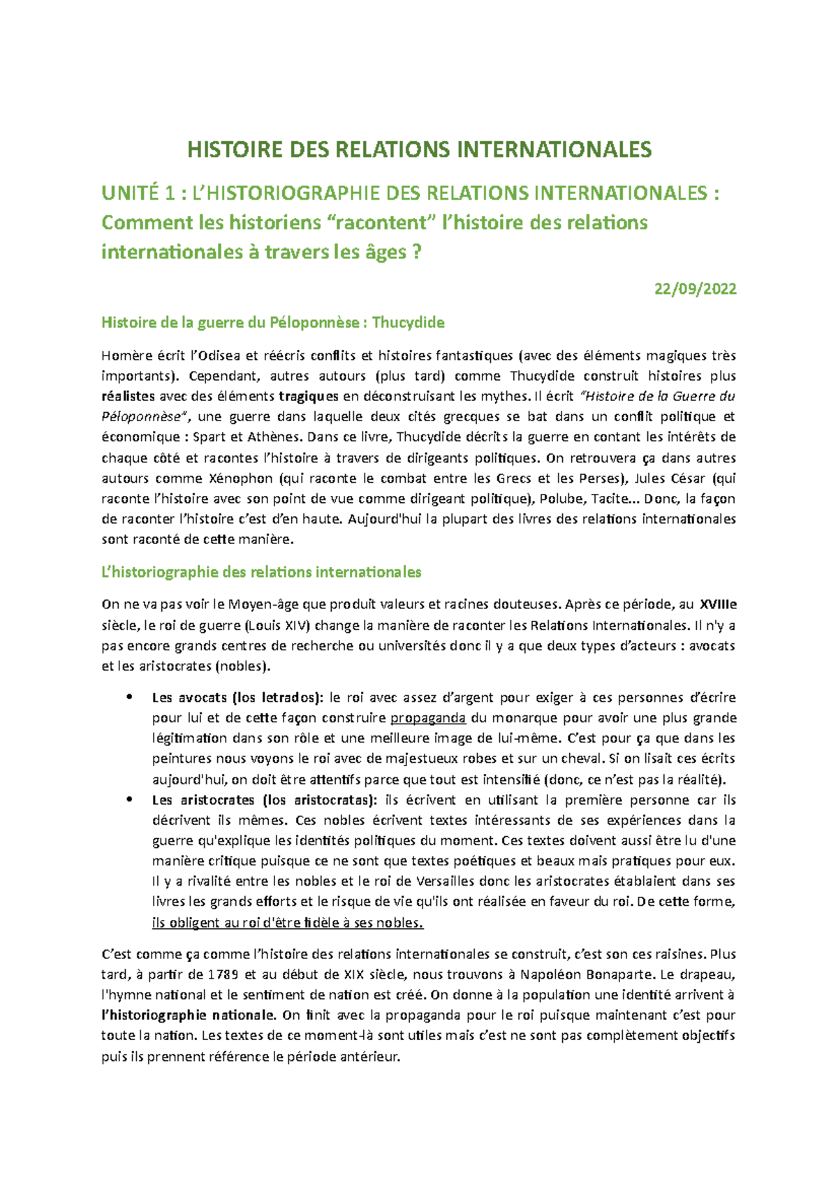 Histoire RI Notes - HISTOIRE DES RELATIONS INTERNATIONALES UNITÉ 1 : L ...