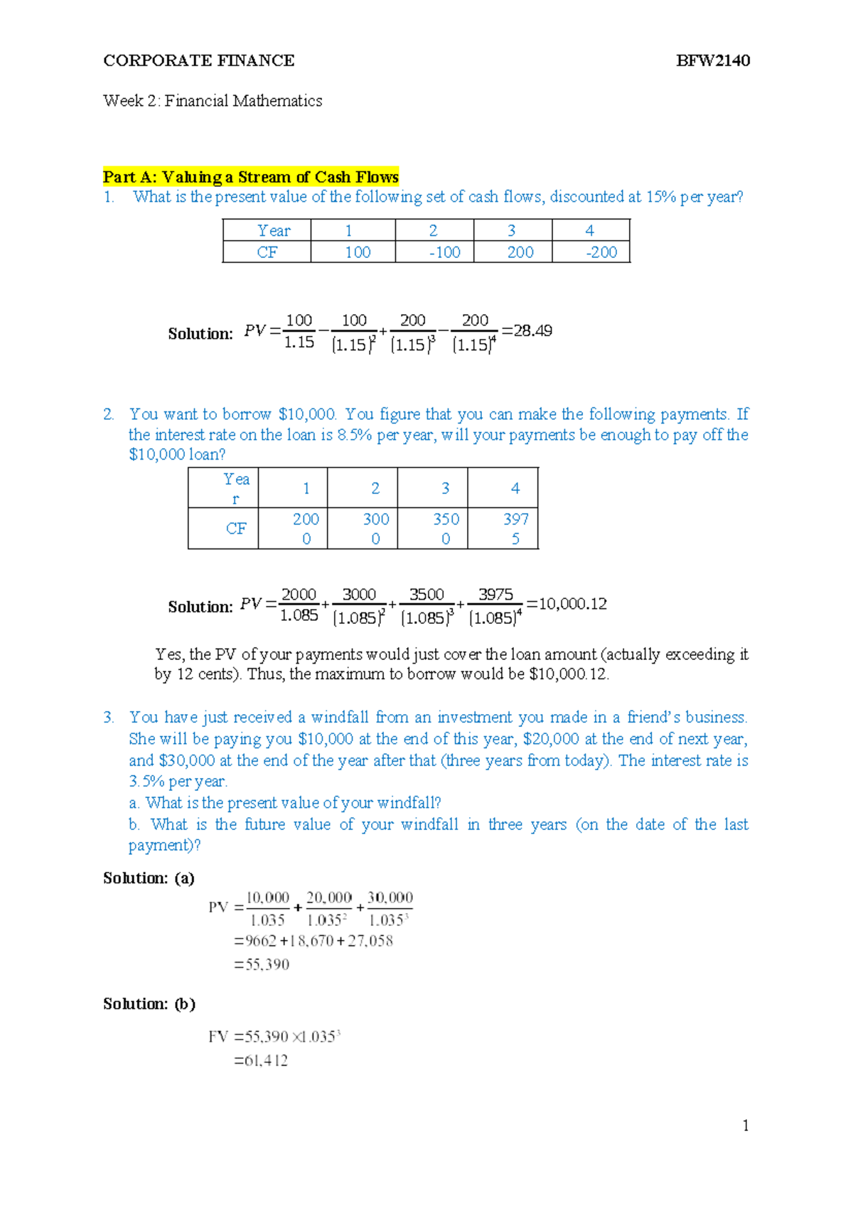 Week 2 - tutorial notes - Week 2: Financial Mathematics Part A: Valuing ...