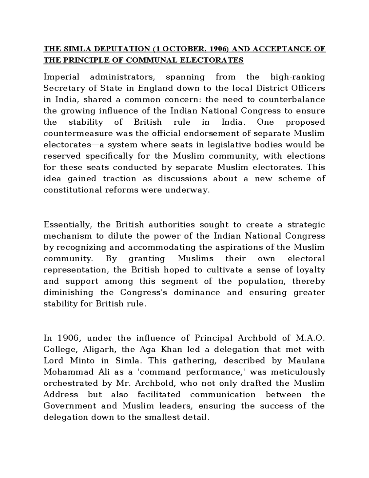 Communalism - THE SIMLA DEPUTATION (1 OCTOBER, 1906) AND ACCEPTANCE OF ...