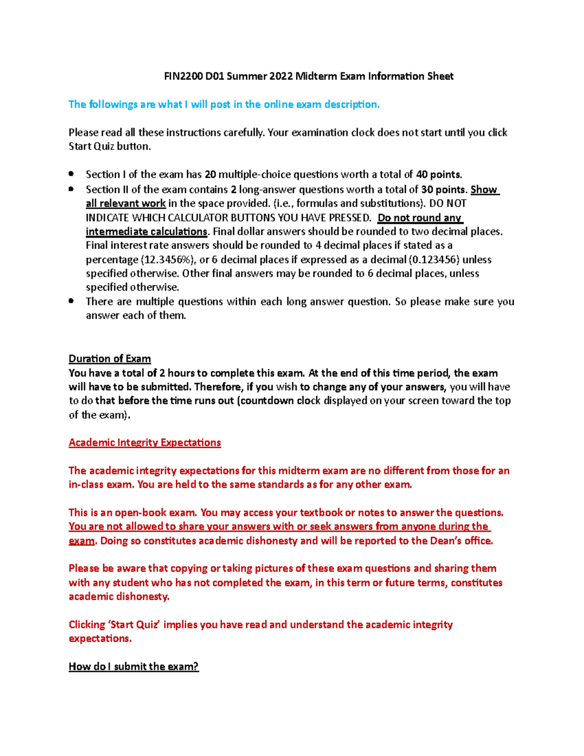 FIN2200 D01 S22 Midterm Information sheet - FIN2200 D01 Summer 2022 ...