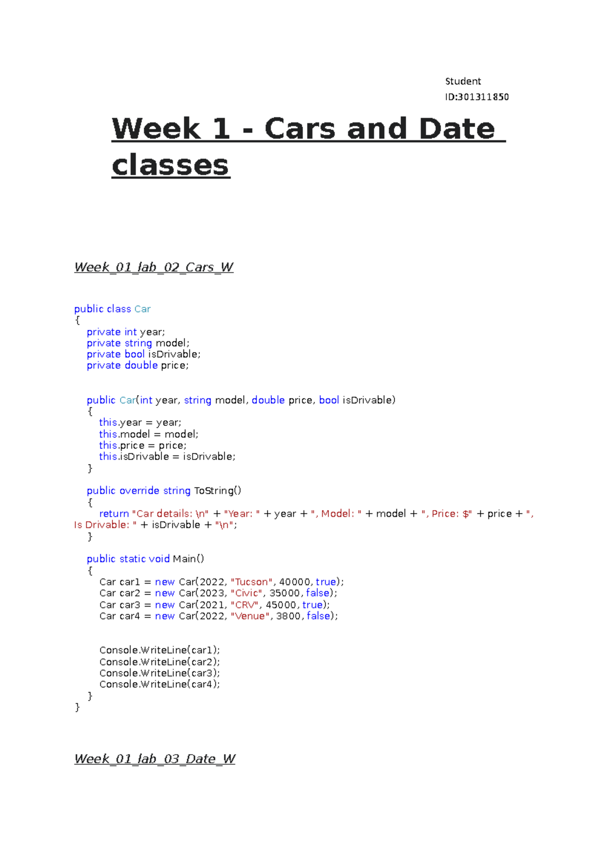Week 1 - Cars and Date classes(301311850) - Student ID: Week 1 - Cars and Date classes - Studocu