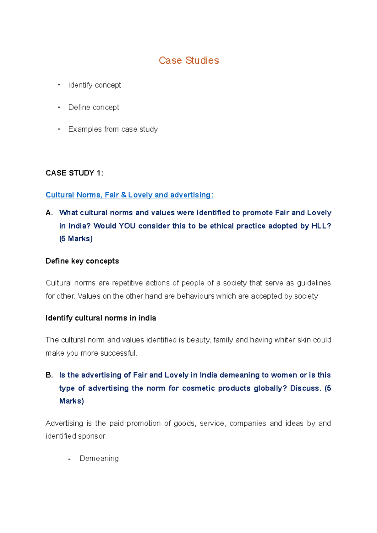 Case study practise - Case Studies ⁃ identify concept ⁃ Define concept ...