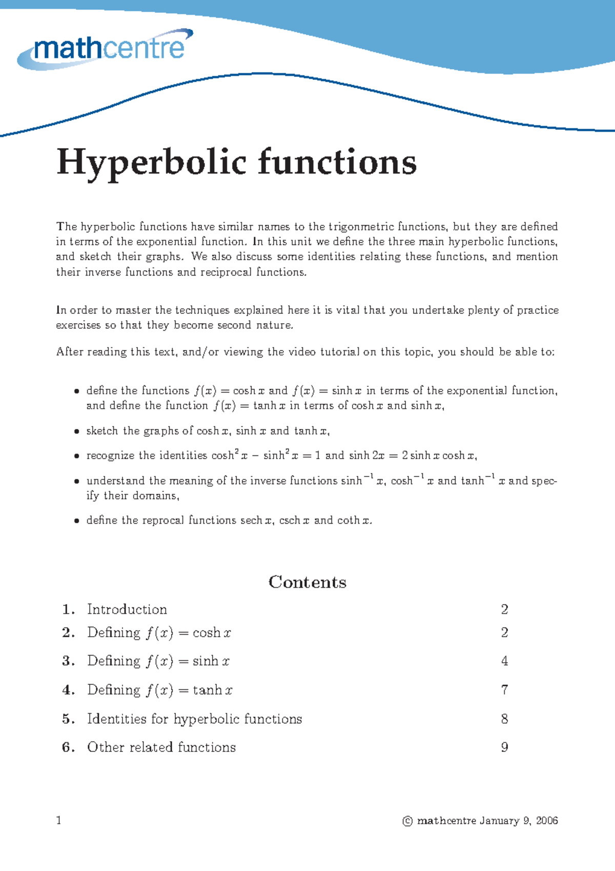 Hyperbolicfunctions By Hyperbolic Functions Hyperbolic Functions