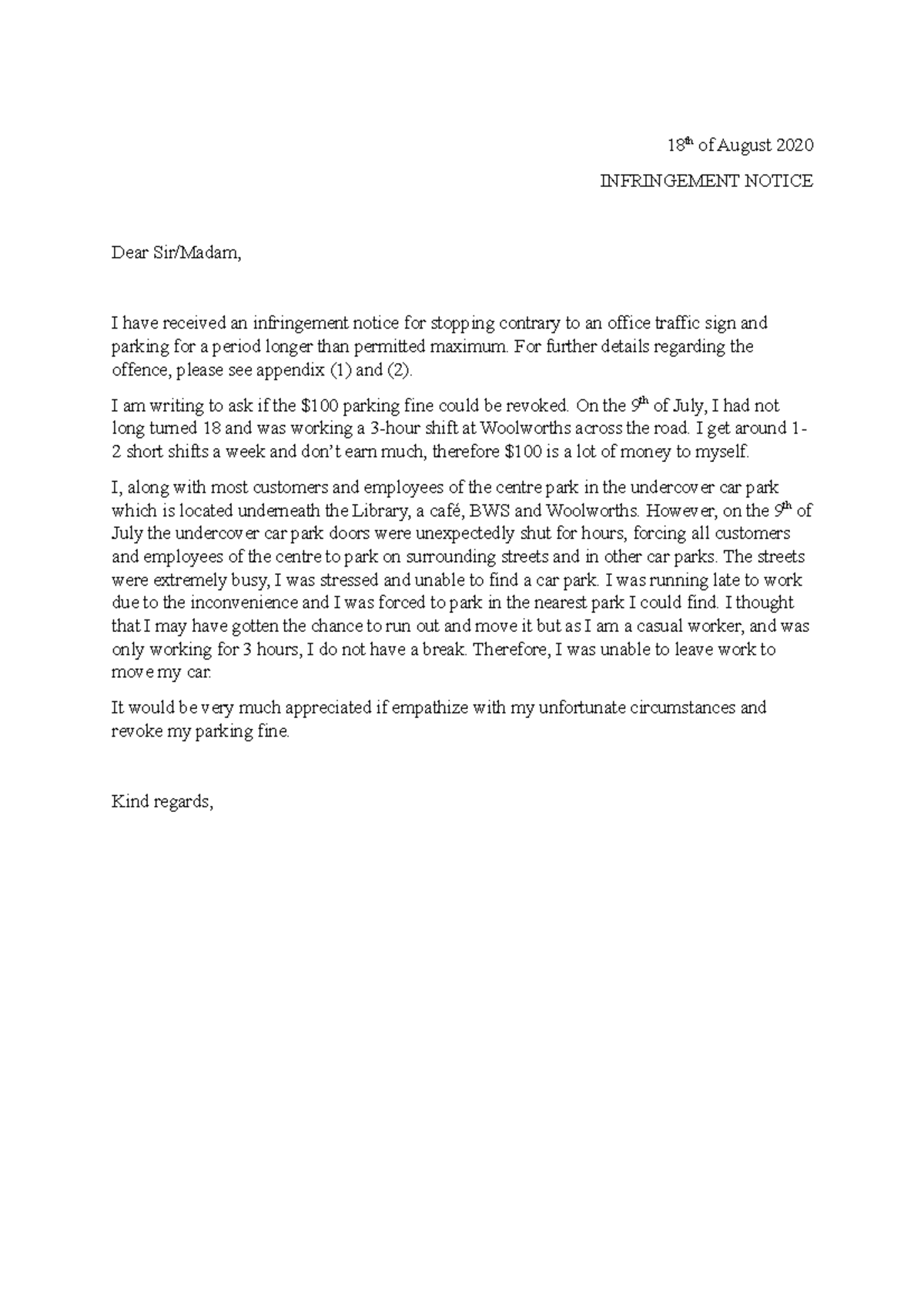 Parking fine - examples and notes - 18 th of August 2020 INFRINGEMENT ...