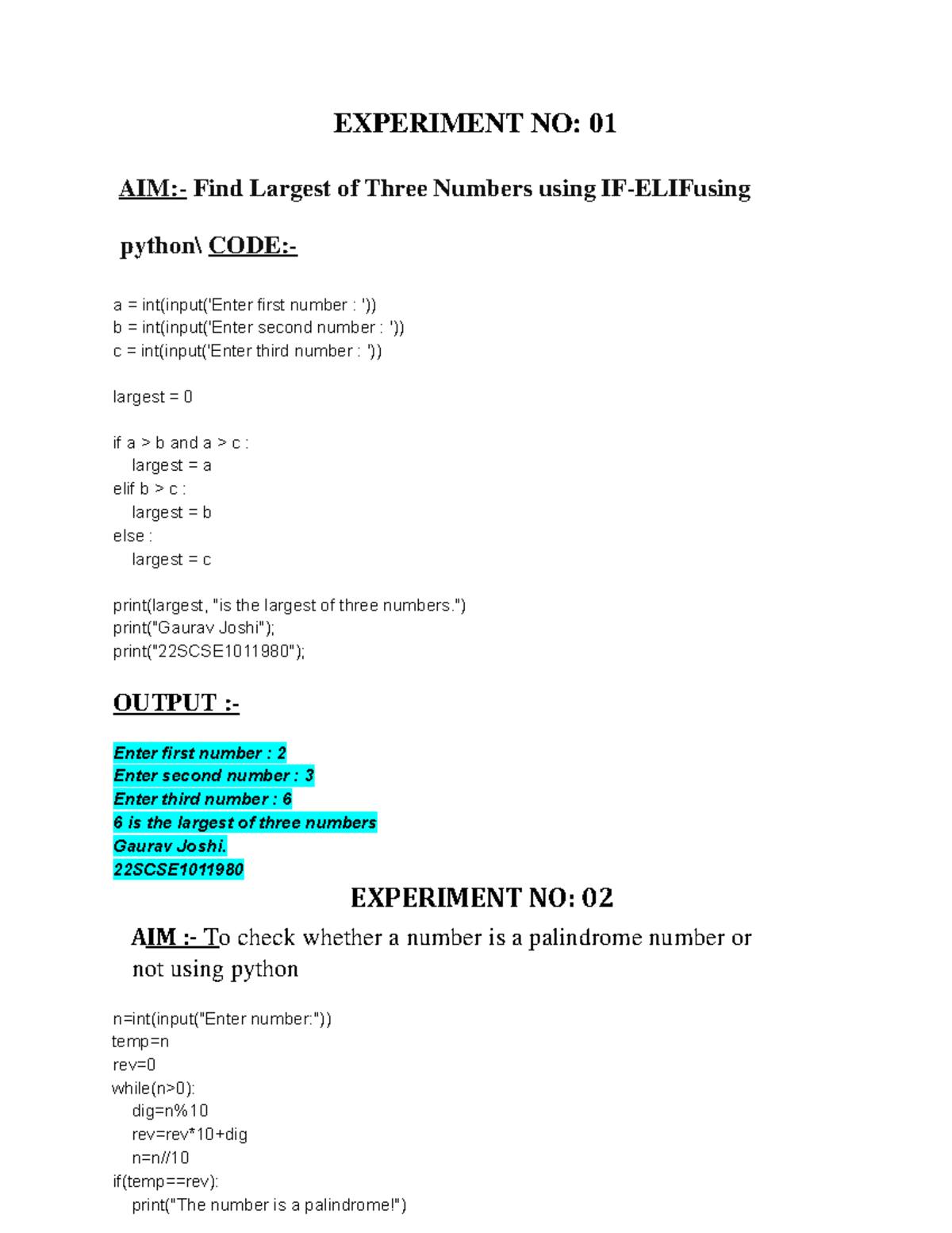 Joshi AI - B. Tech in CSE 2nd year 3rd semester - EXPERIMENT NO: 01 AIM ...