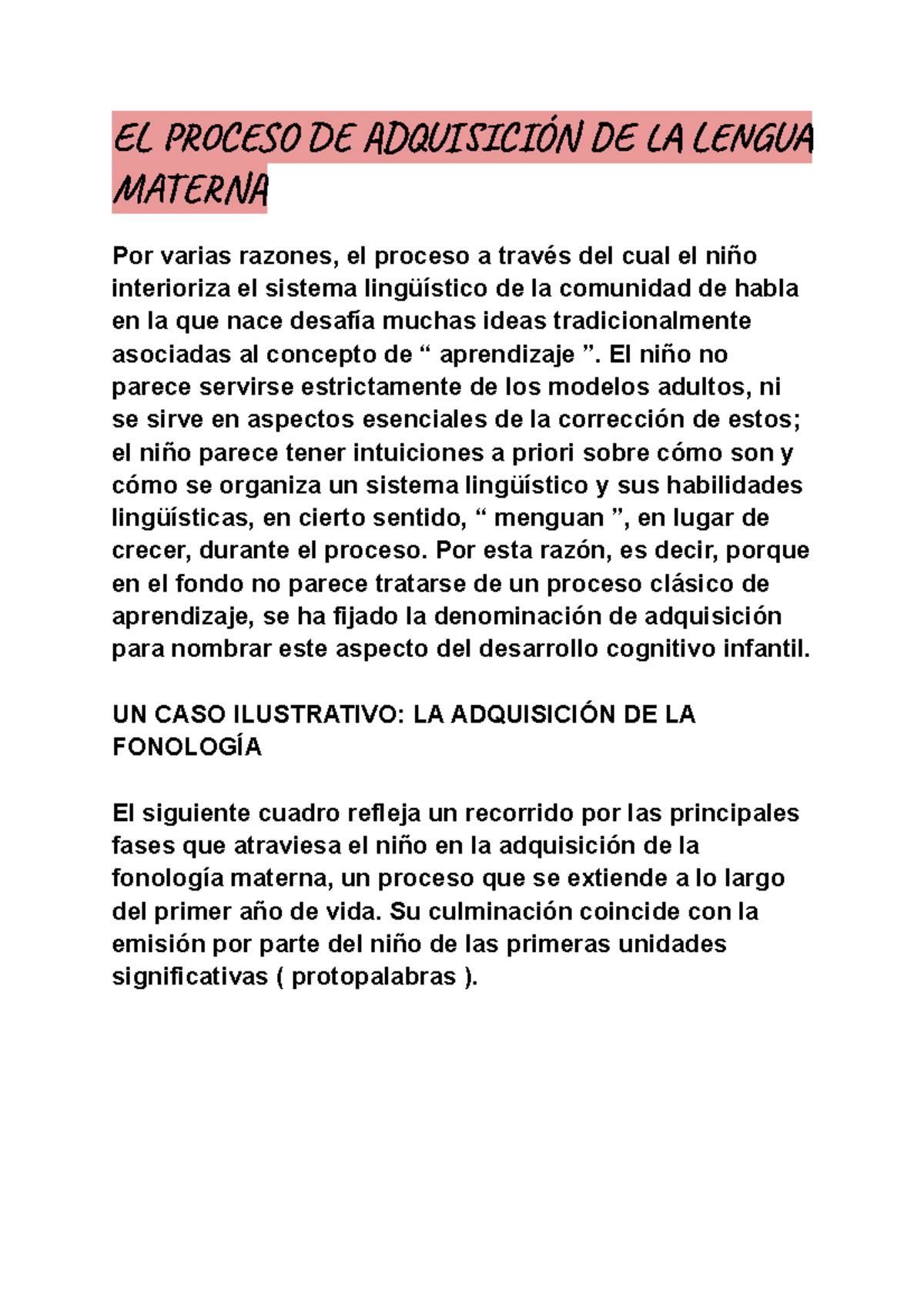 TEMA 2 Unidad 3 - Apuntes 2 - EL PROCESO DE ADQUISICIÓN DE LA LENGUA ...