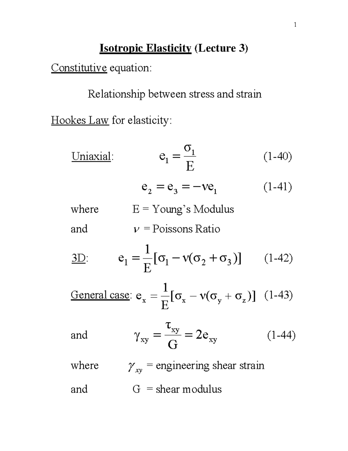 L03 - lecture notes - 1 Isotropic Elasticity (Lecture 3) Constitutive ...