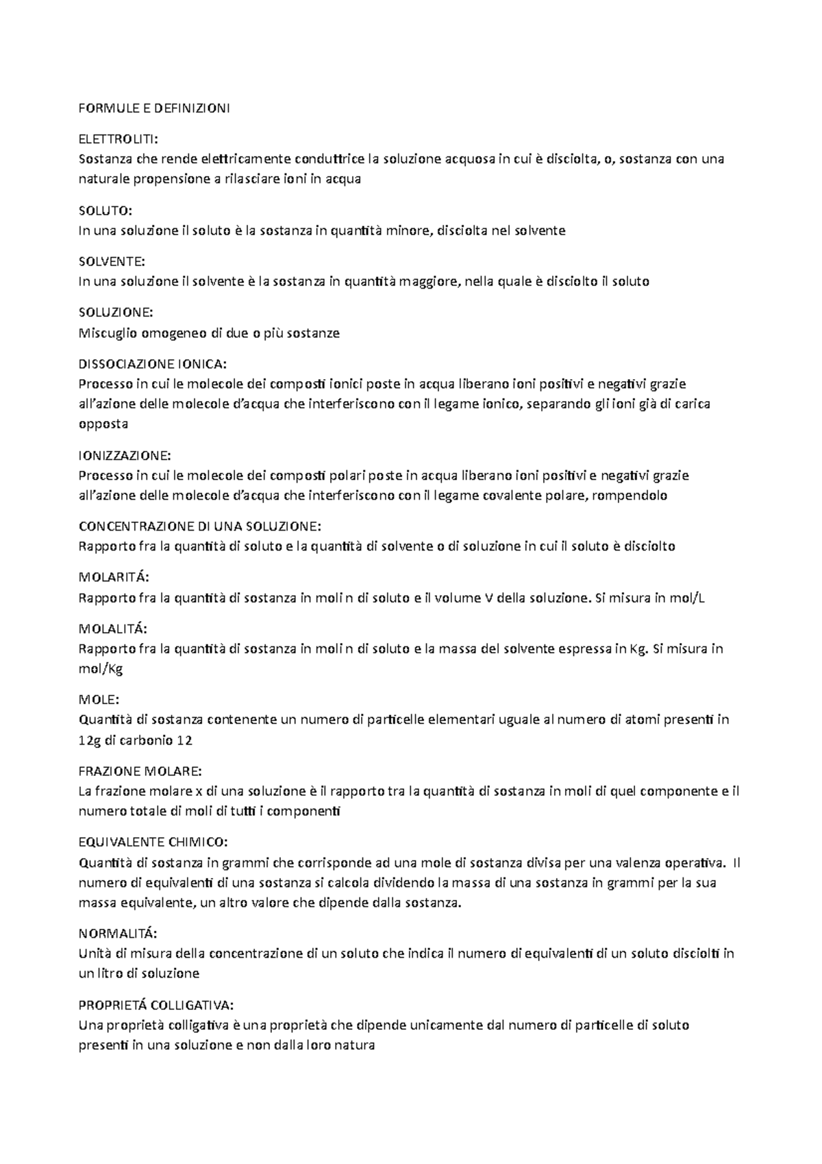 Formule E Definizioni - Soluzioni - FORMULE E DEFINIZIONI ELETTROLITI ...