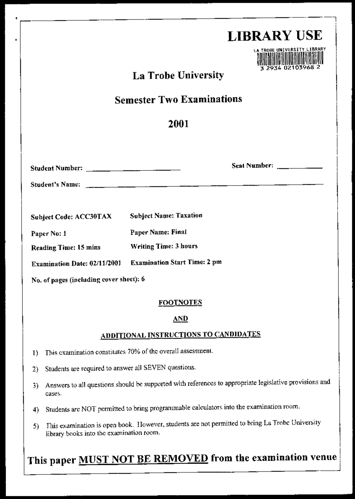 S2 2001 Past Exam - ACC5TAX - StuDocu