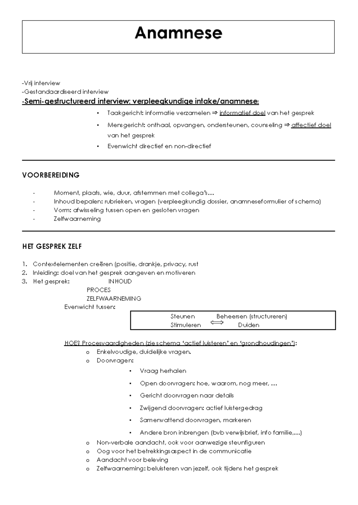 Schema Anamnese -Vrij interview -Gestandaardiseerd interview - Semi ...