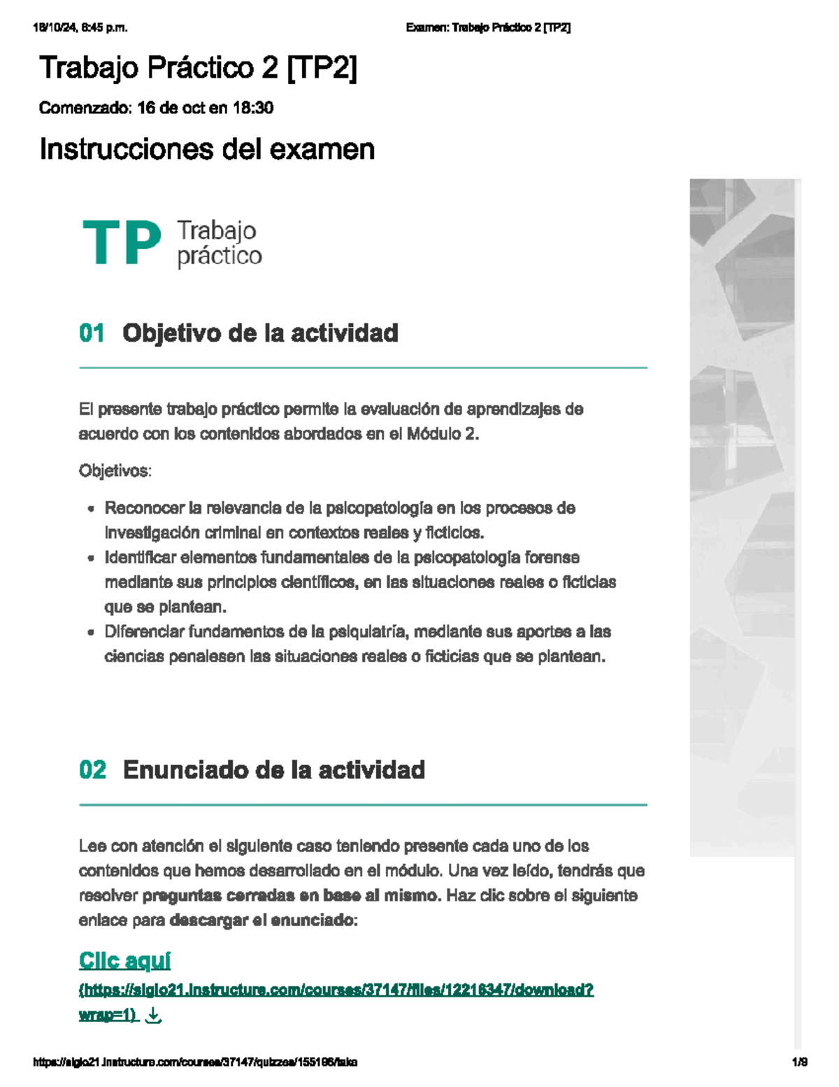 Tp2 psicopatologia - tp 2 90% - 6:45 p. Examen: Trabajo Práctico 2 Trabajo Práctico 2 Comenzado ...