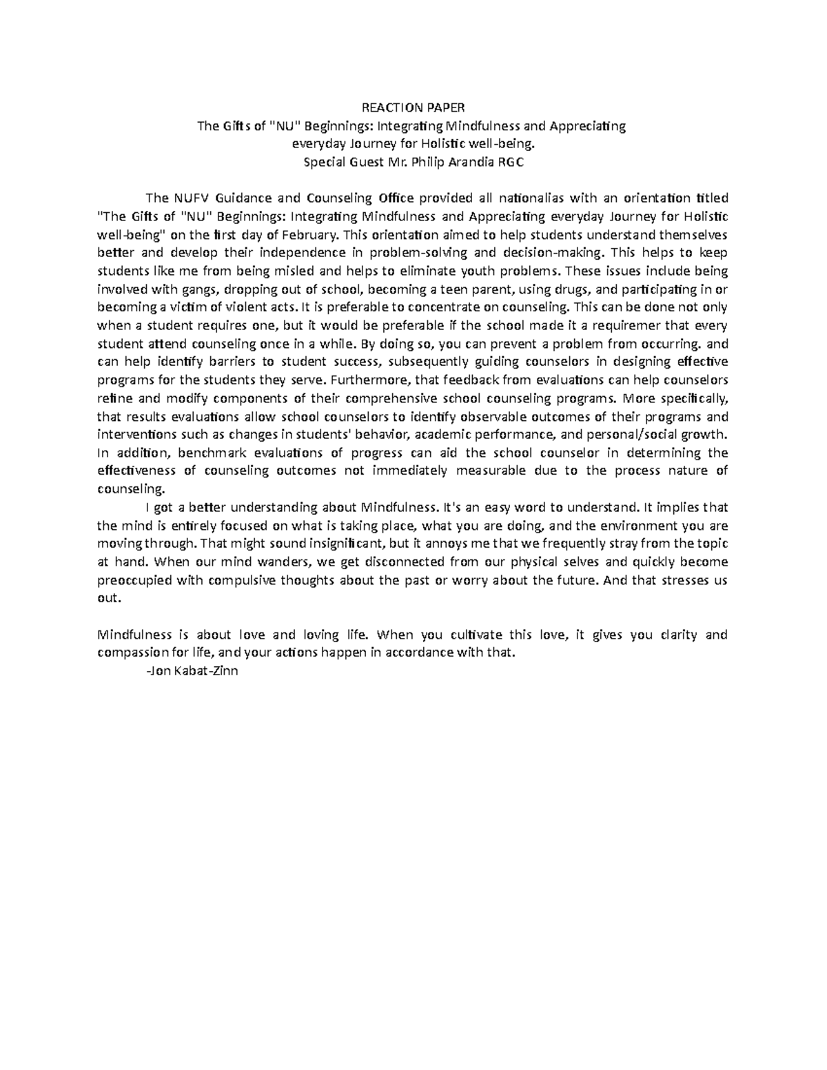 NSTP Reaction Paper - Nstp - REACTION PAPER The Gifts of "NU ...