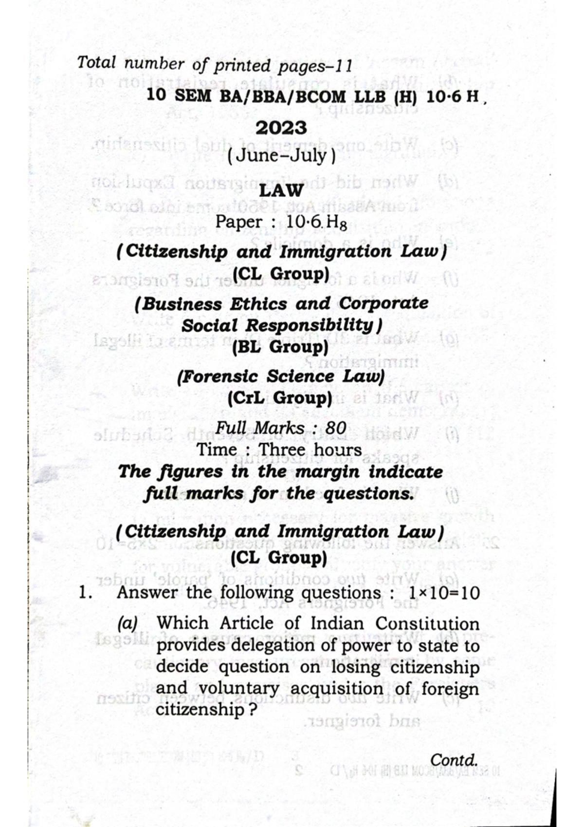 Citizenship Qpaper - Question paper - Corporate law - Studocu