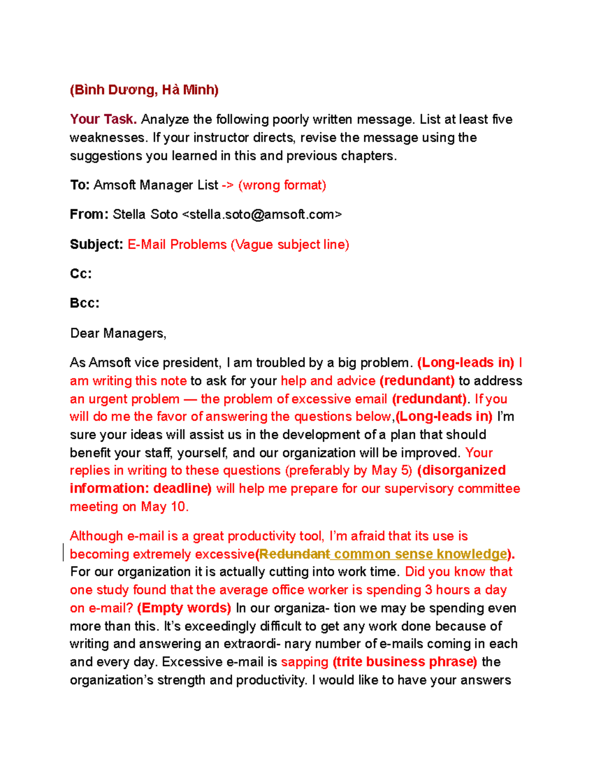 Email - practice - (Bình Dương, Hà Minh) Your Task. Analyze the ...