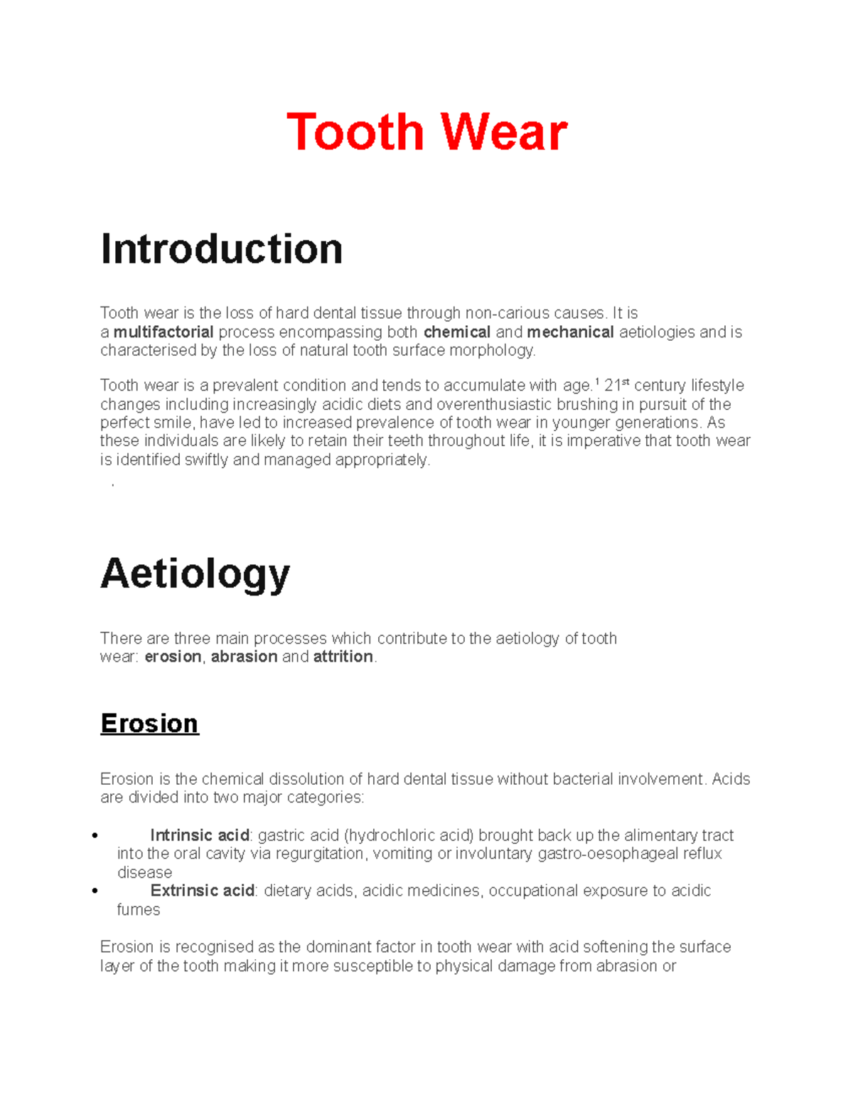 Nursing - Tooth Wear - Tooth Wear Introduction Tooth wear is the loss ...