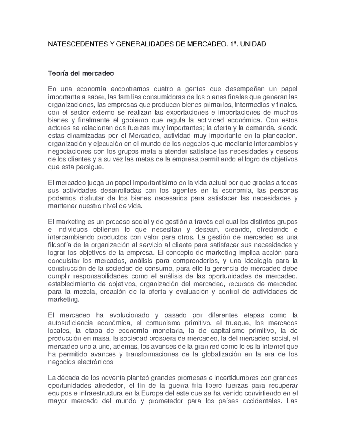 1A. u Nidad Atescedentes Y Generalidades DE Mercadeo - NATESCEDENTES Y ...