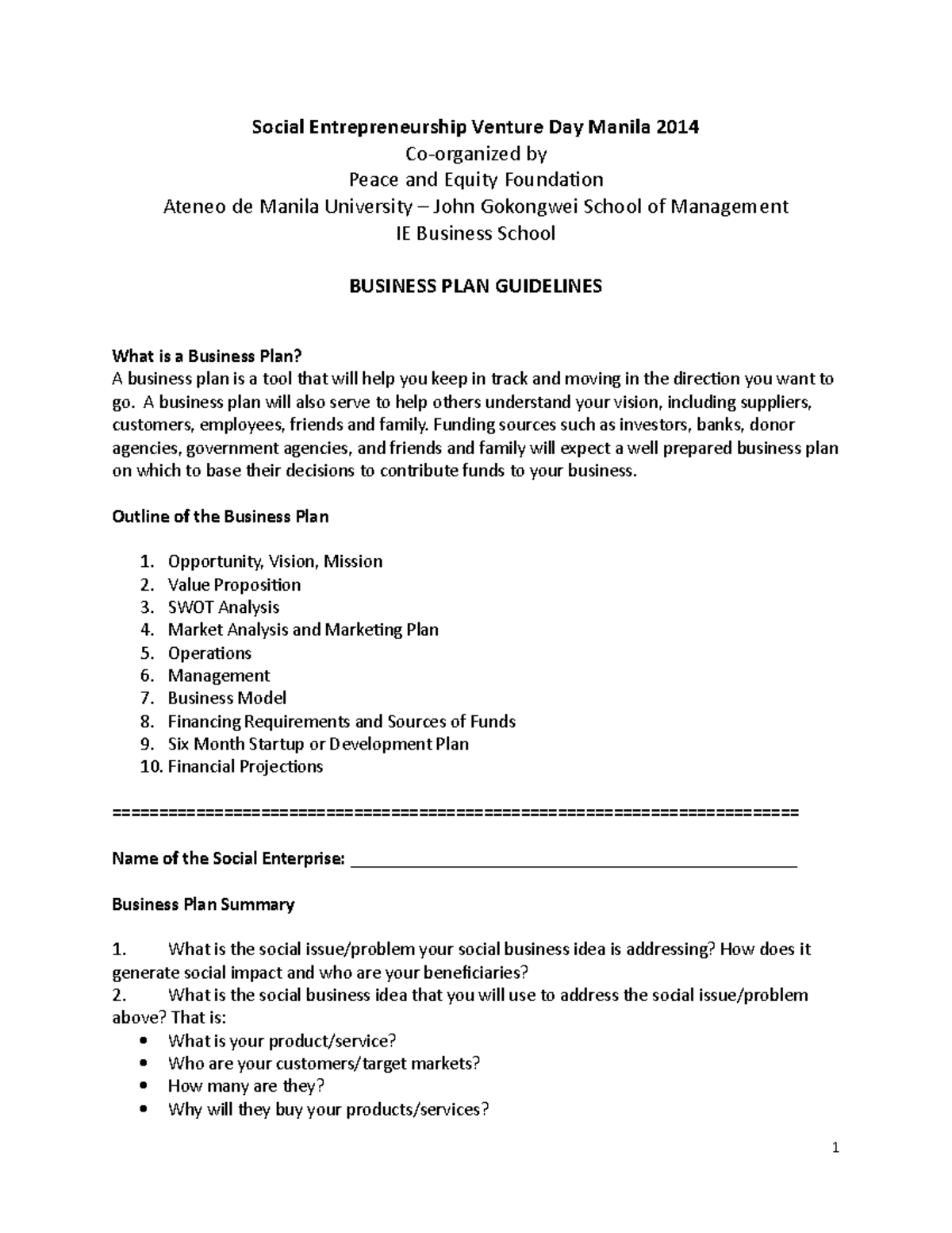 SE Venture DAY Manila 2014 Business PLAN Guidelines - Social ...