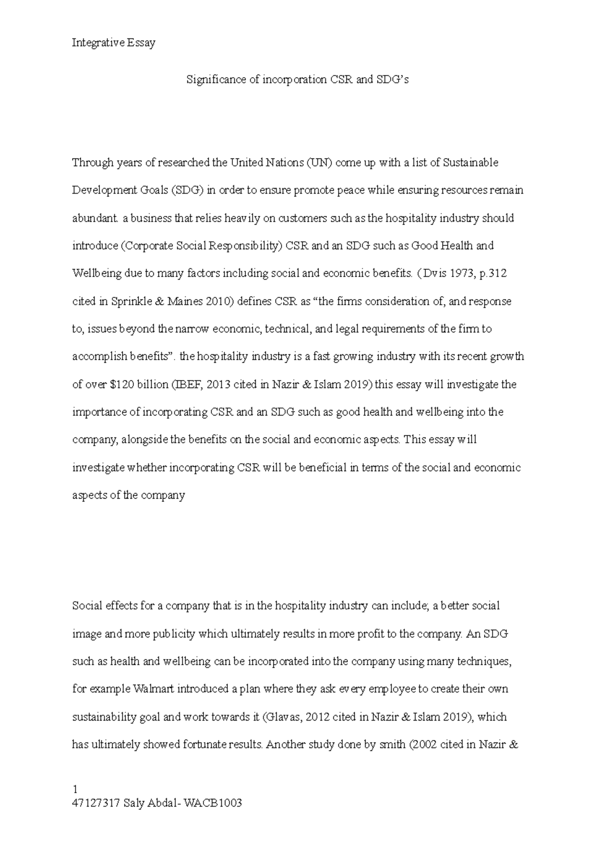 Integrative Essay 2021 - Significance of incorporation CSR and SDG’s ...