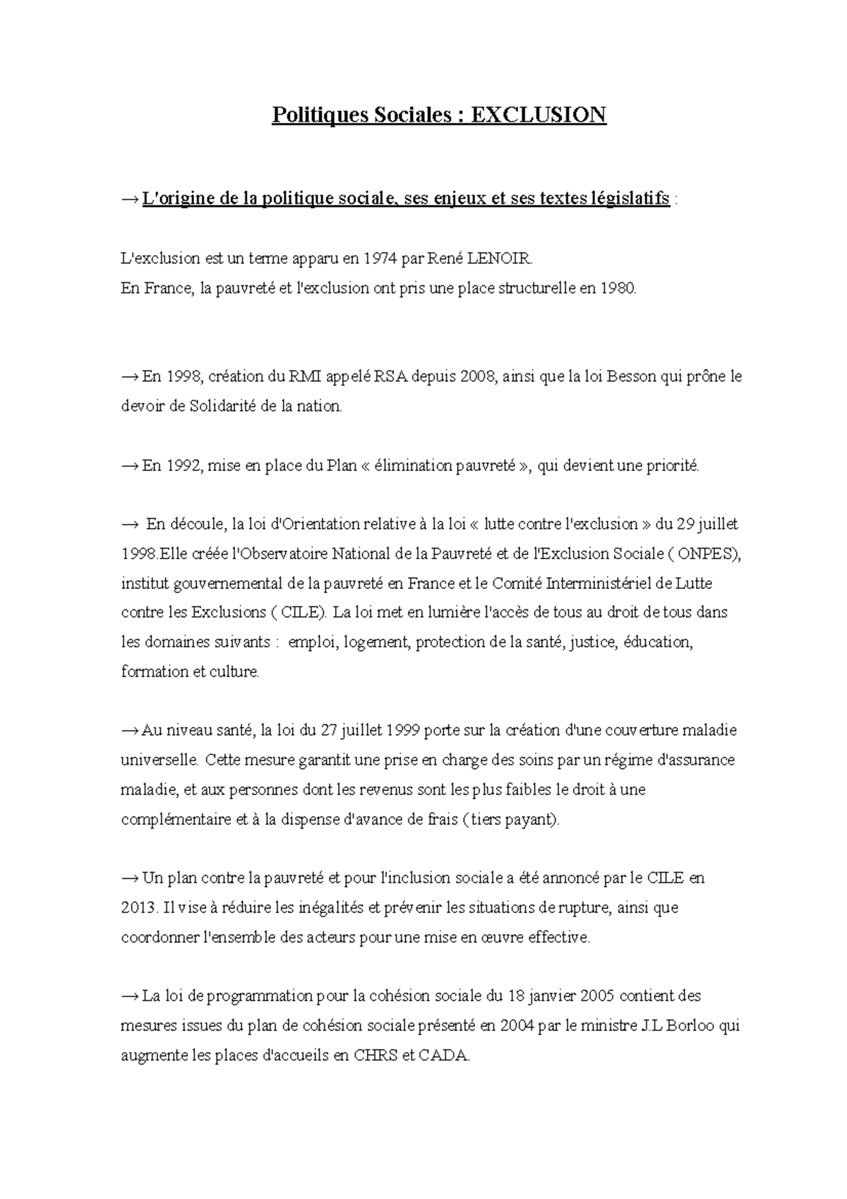 Fiches Politiques Sociales : l'Exclusion L'origine de la politique ...