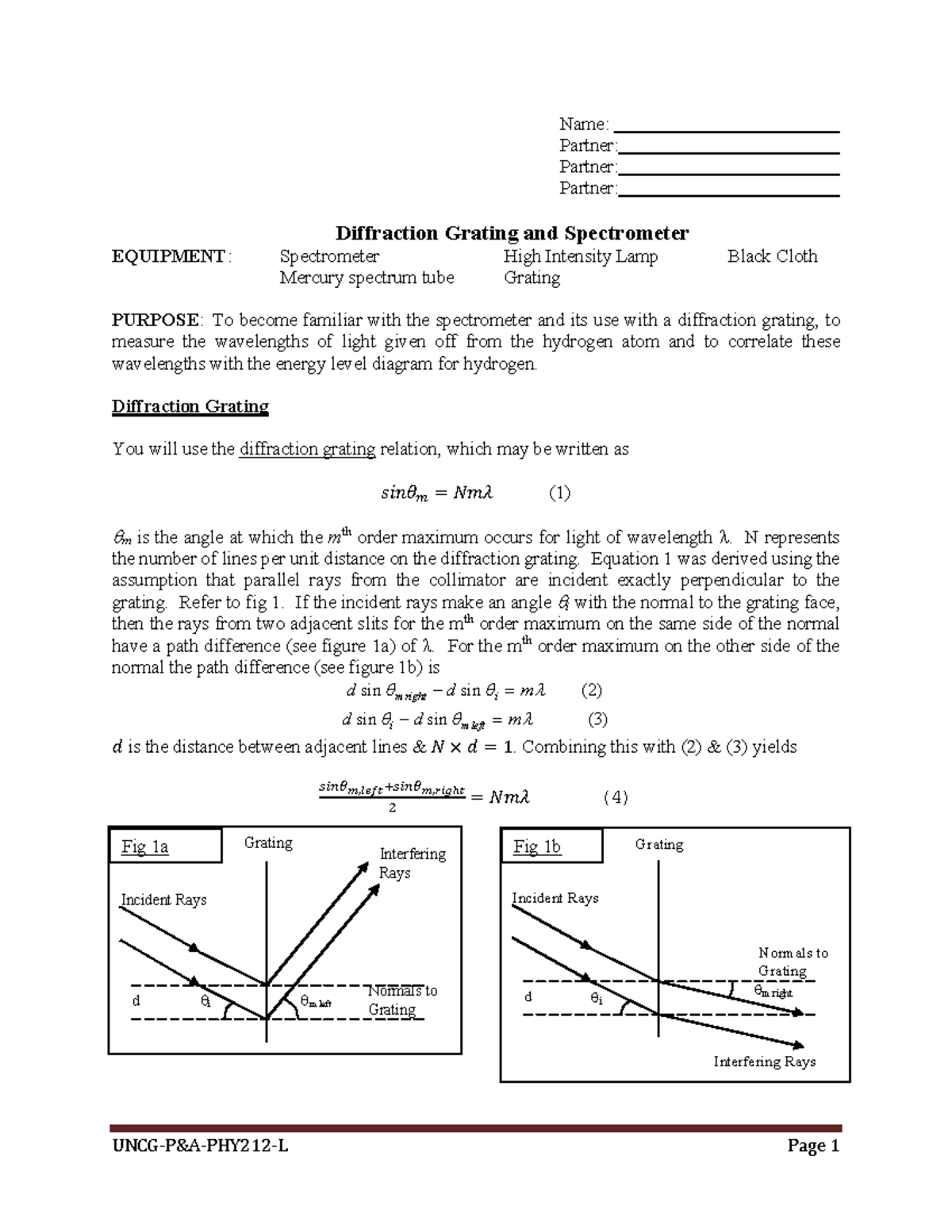 Lab11 - Diffraction Grating - Name: Partner: Partner: Partner ...
