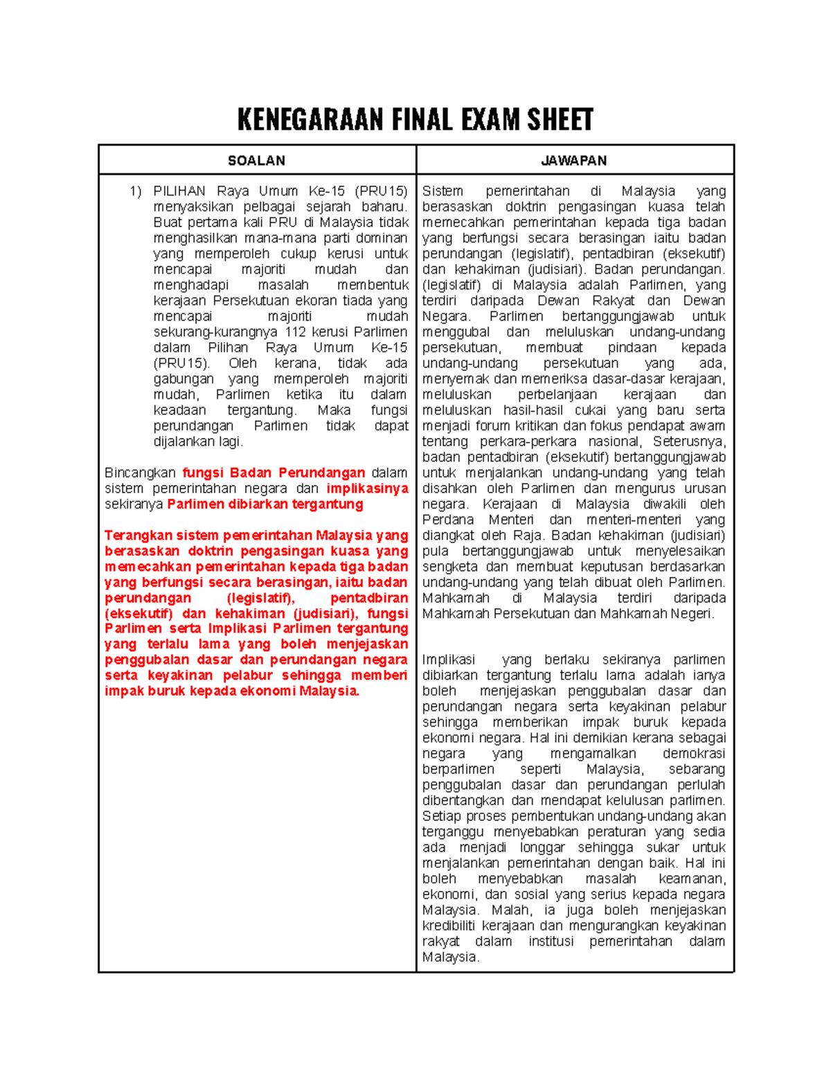 Kenegaraan Malaysia SKP2101 - KENEGARAAN FINAL EXAM SHEET SOALAN ...