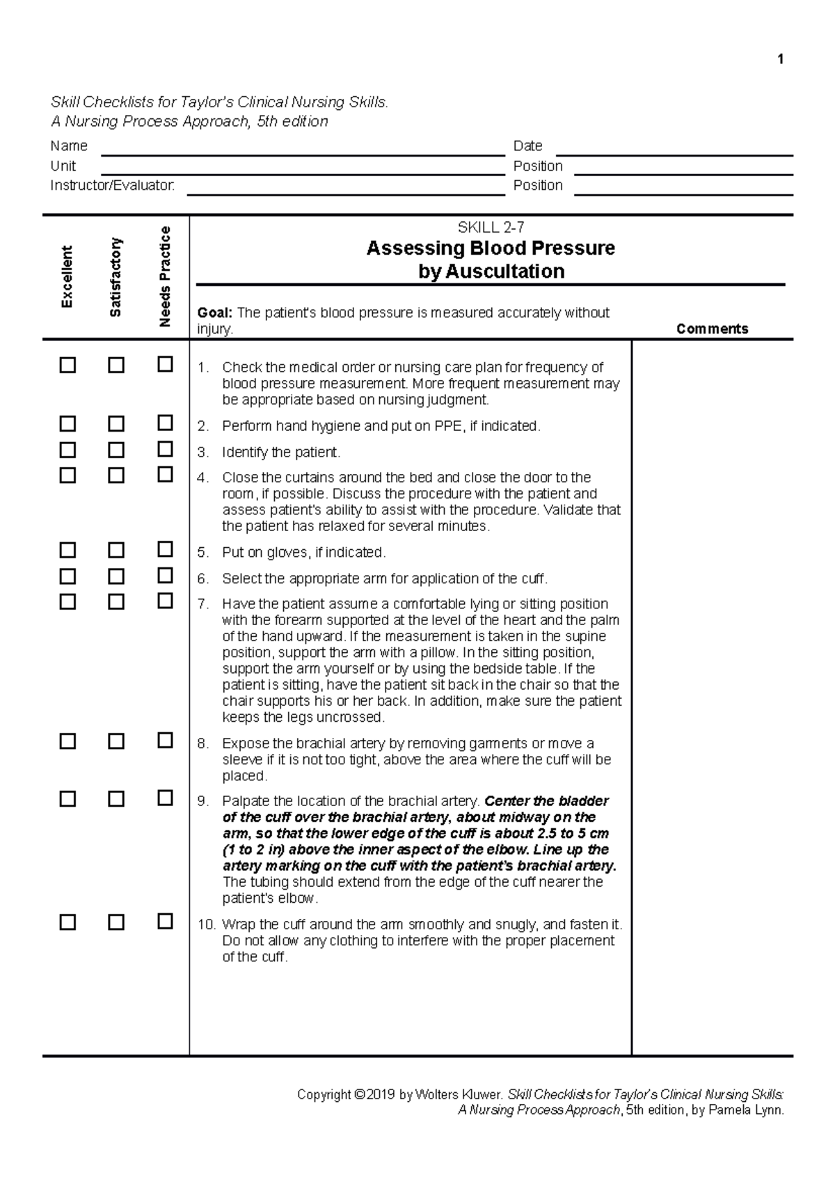 Skill 2-7 - Skill Checklists for Taylor’s Clinical Nursing Skills. A ...