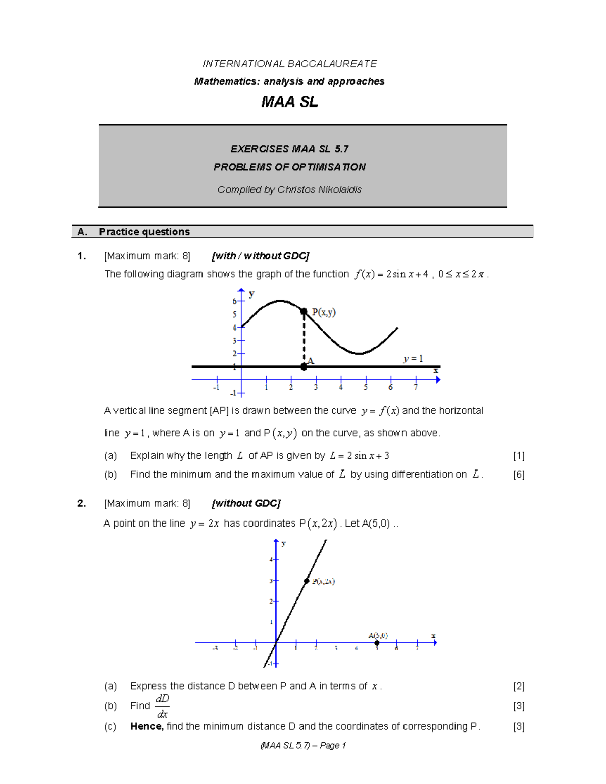 MAA SL 5.7 Problems OF Optimisation [concise] (1) - INTERNATIONAL BACCALAUREATE Mathematics ...