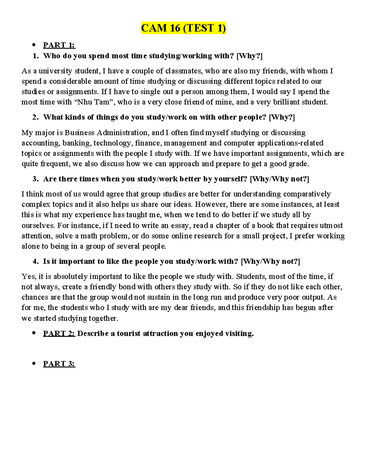 CAM 16 Speaking - CAM 16 (TEST 1) PART 1: Who do you spend most time ...