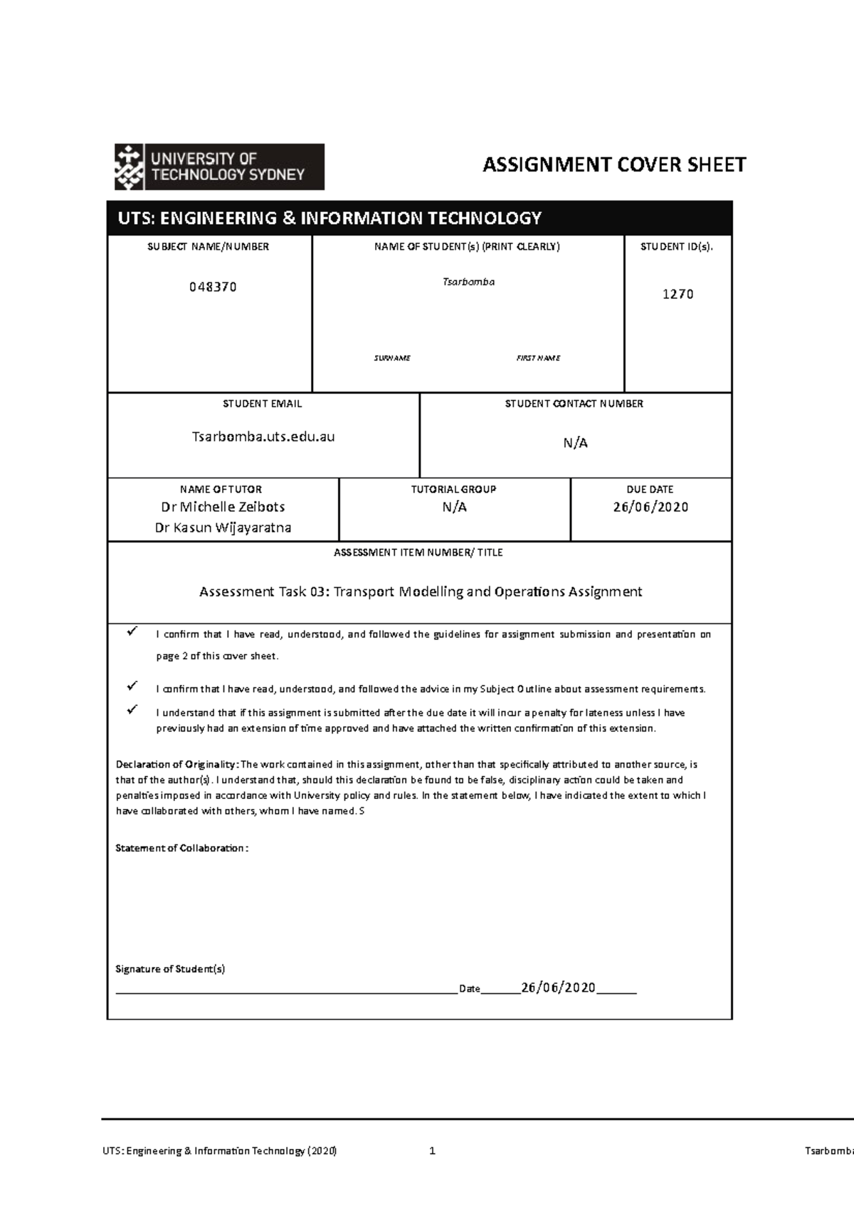 RTE A03 Bomba - A03 - ASSIGNMENT COVER SHEET UTS: ENGINEERING ...