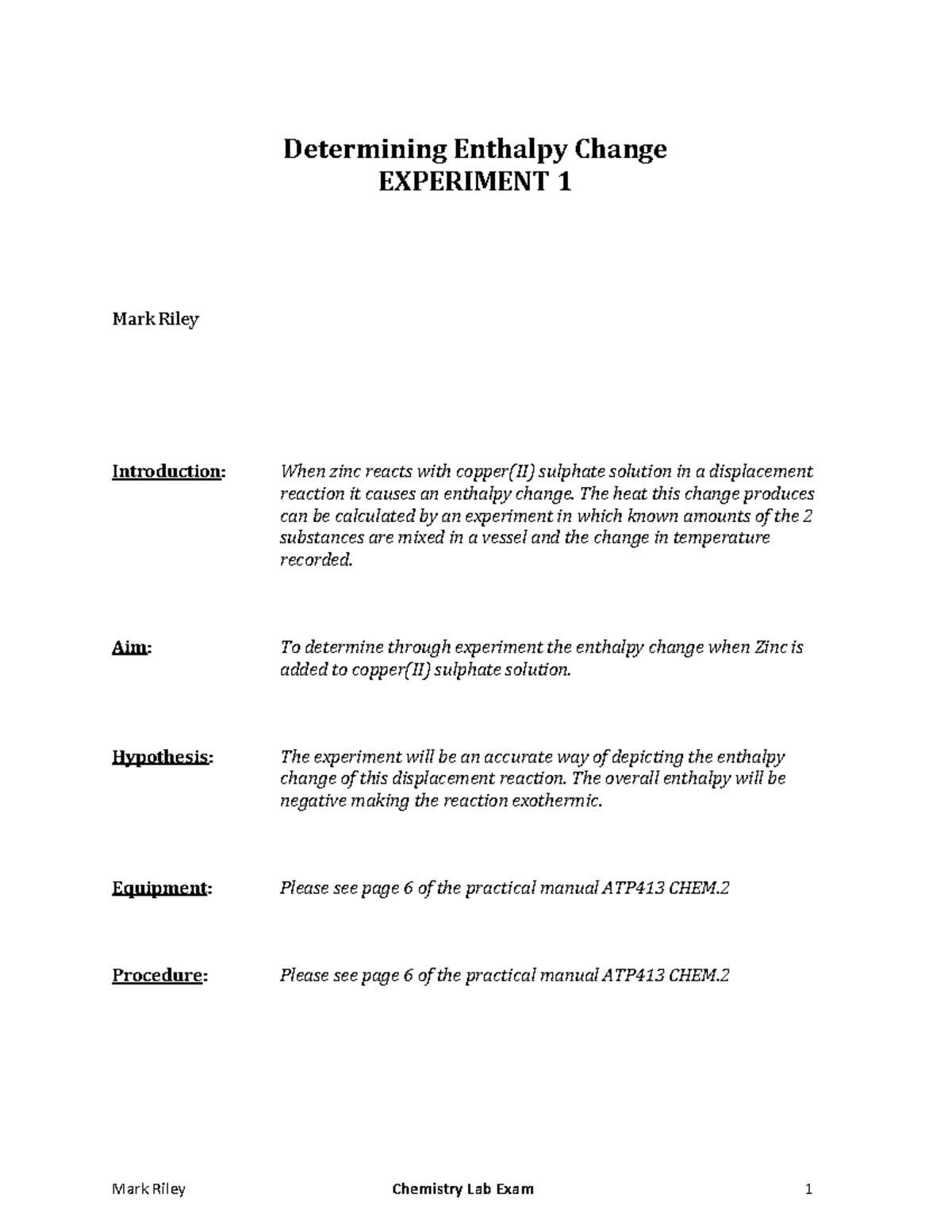 Determining Enthalpy Change Experiment 1 - Determining Enthalpy Change ...