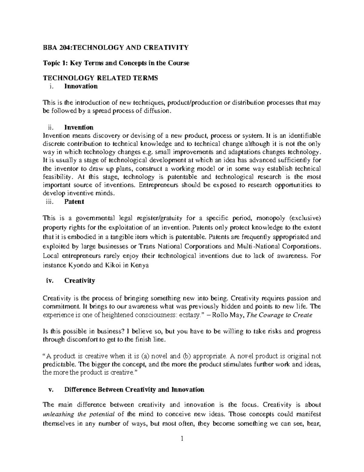 5. BBA 204 Technology AND Creativity - BBA 204:TECHNOLOGY AND CREATIVITY Topic 1: Key Terms and ...