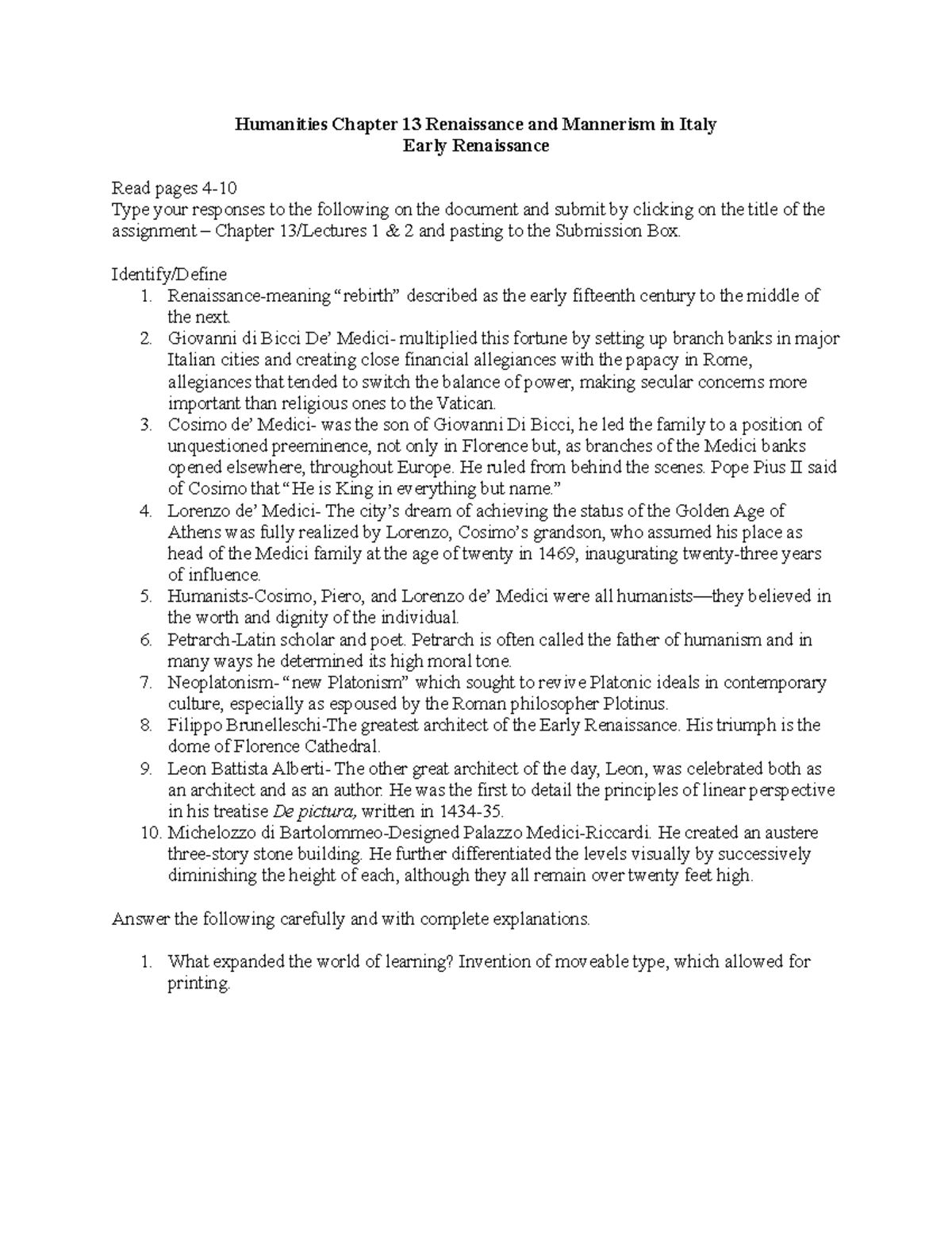 Week 2 humanities two - Humanities Chapter 13 Renaissance and Mannerism ...