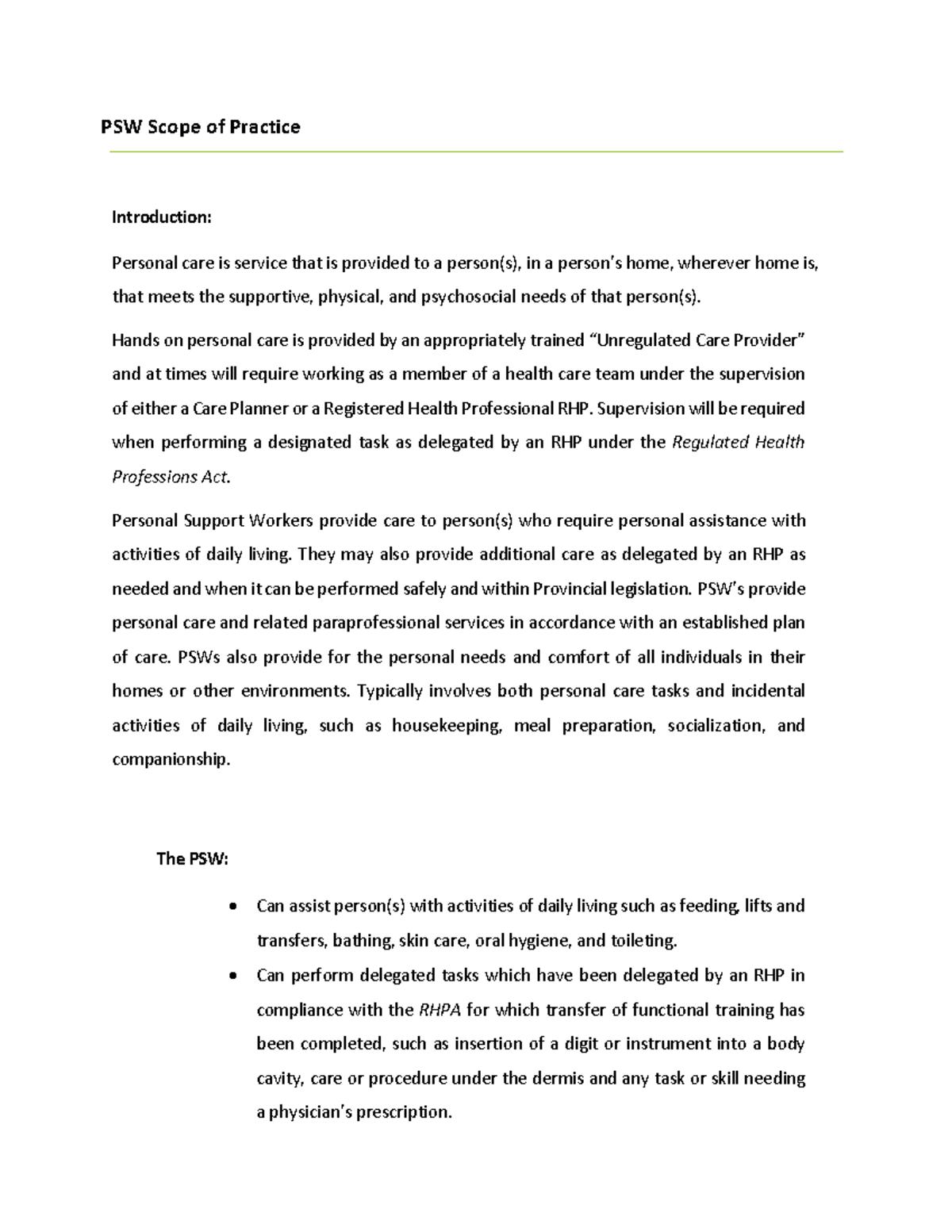 PSW Scope of Practice - PSW Scope of Practice Introduction: Personal ...