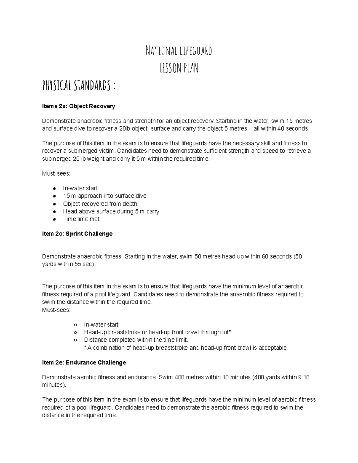 NL Recert *Lesson plan* - National lifeguard LESSON PLAN PHYSICAL ...