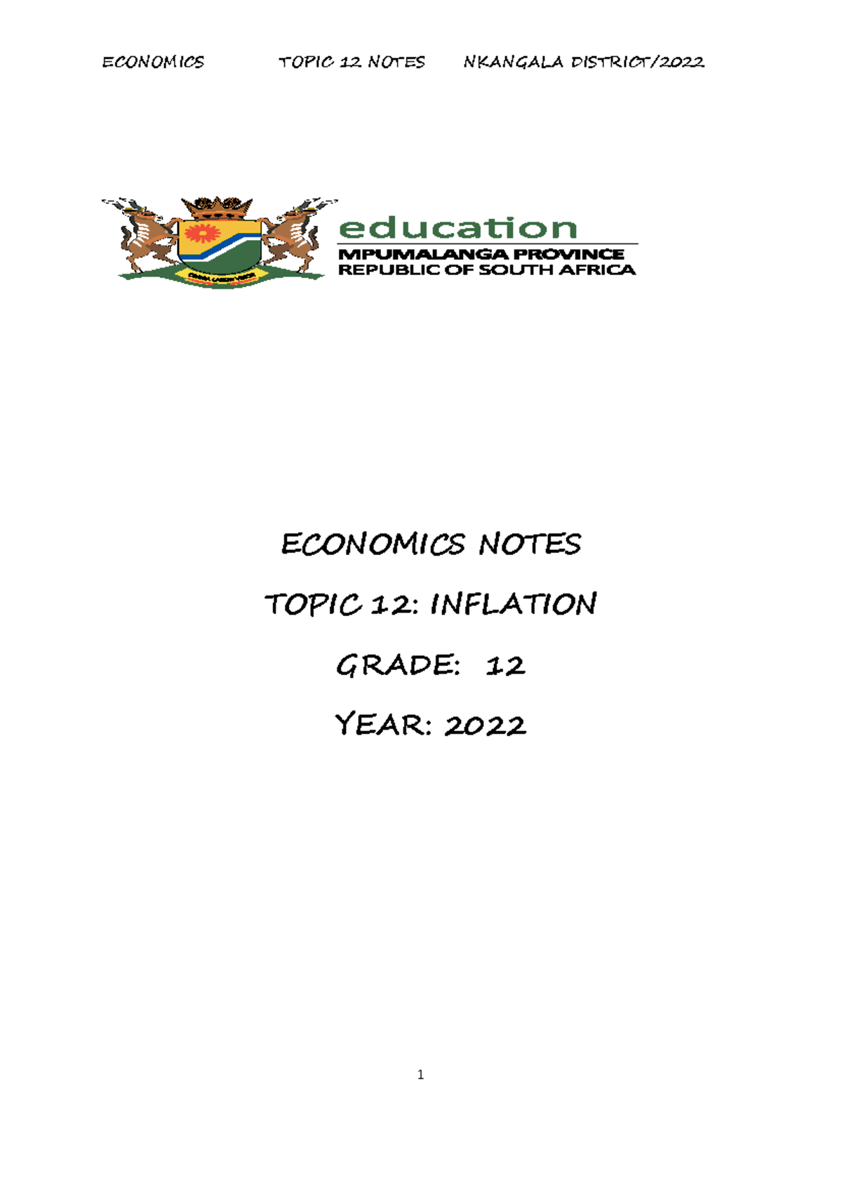 Topic 12 Inflationh - ECONOMICS NOTES TOPIC 12 : INFLATION GRADE: 12 ...