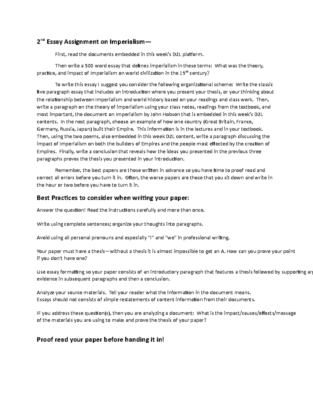 2nd Essay Assignment Imperialism - 2 nd Essay Assignment on Imperialism ...