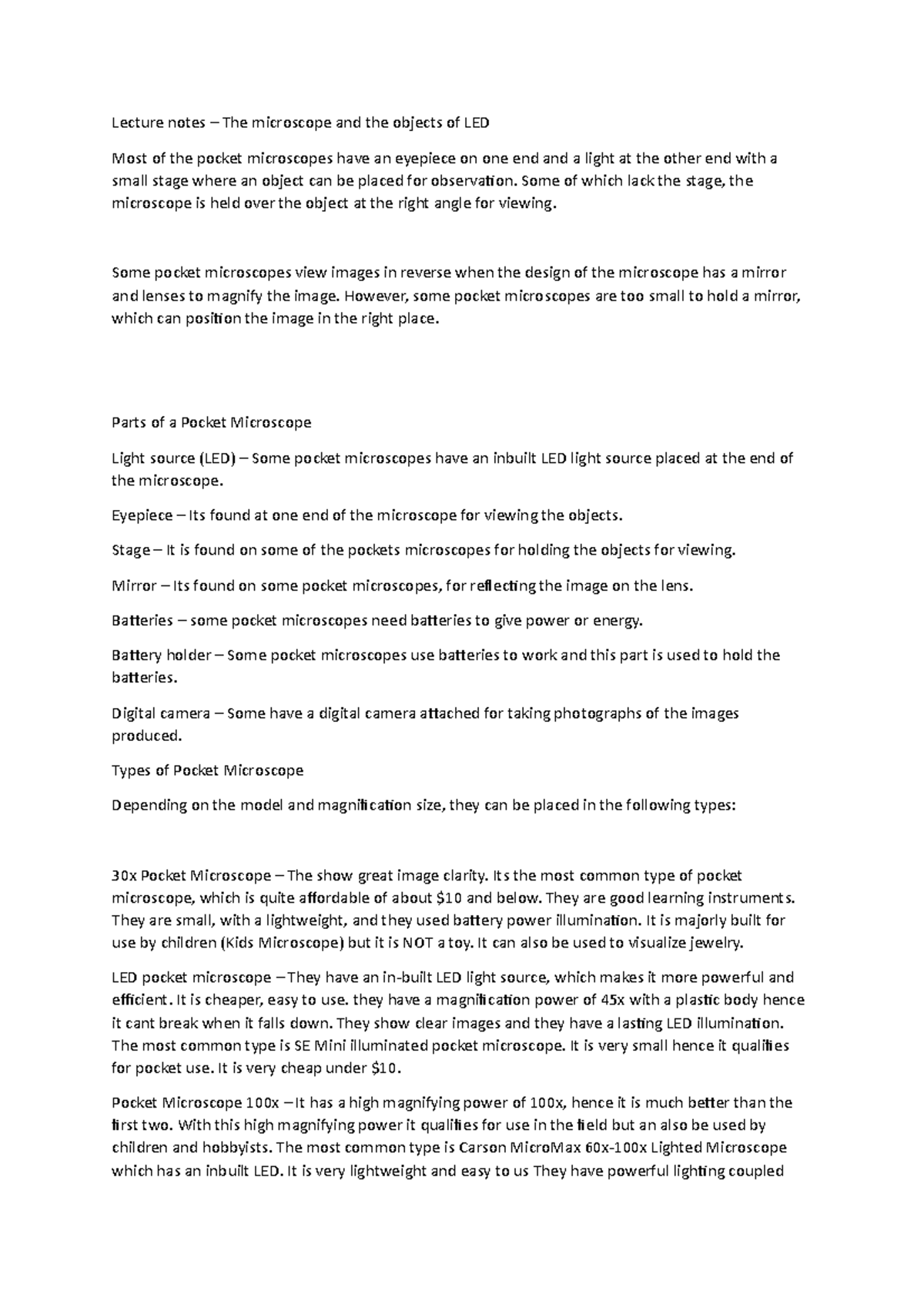 Lecture notes – The microscope and the objects of LED - Some of which ...