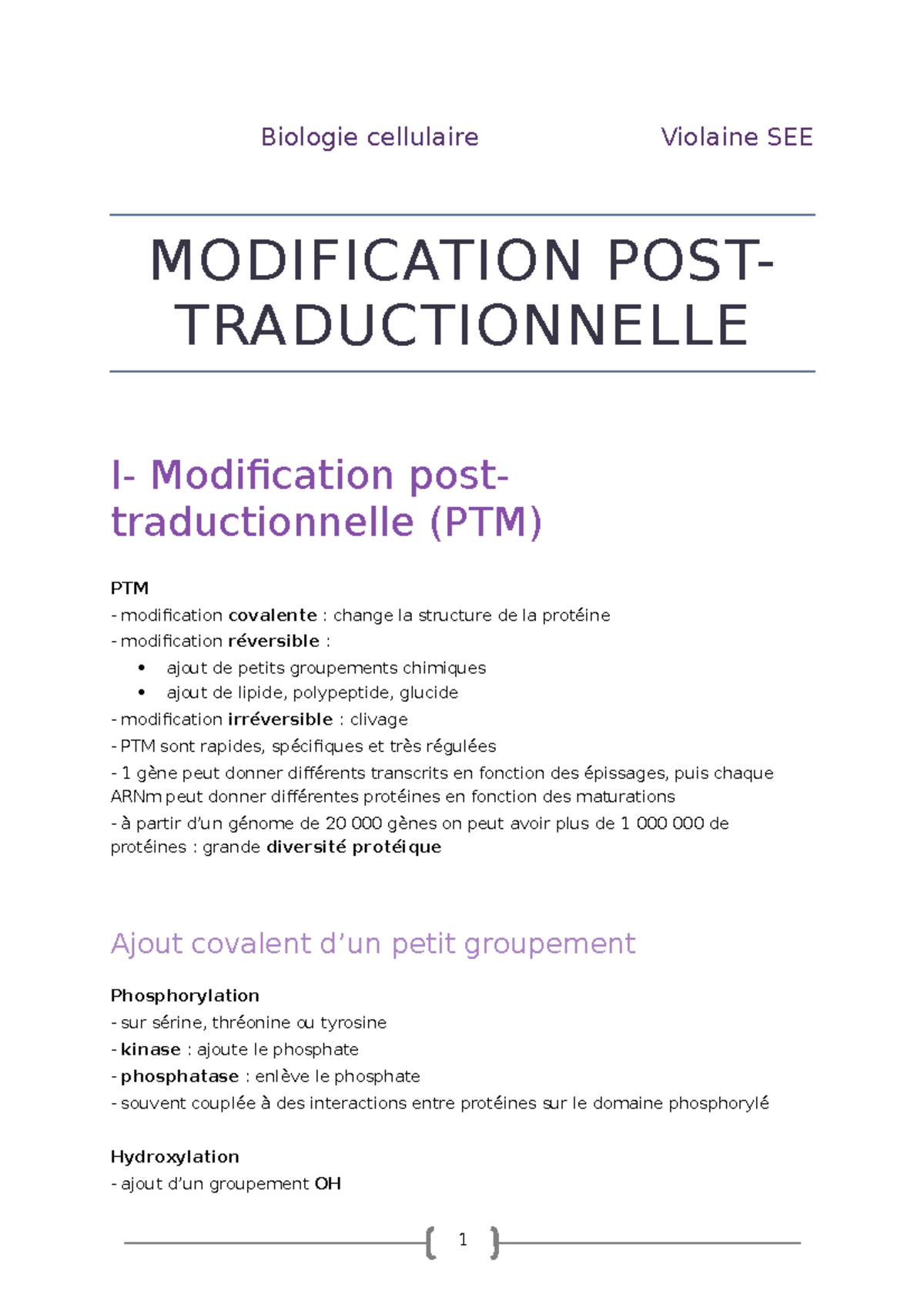 Cours de L3 : Modification post traductionnelle - Biologie cellulaire ...