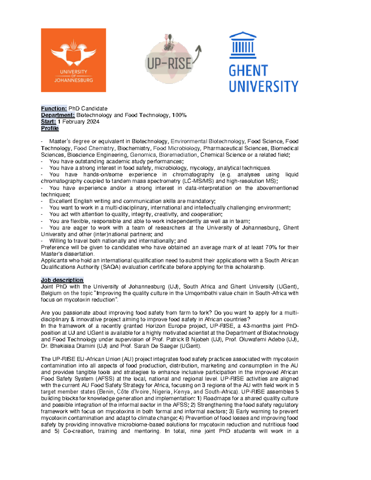 Ph D position in the Department of Biotechnology at UJ. - Function: PhD ...