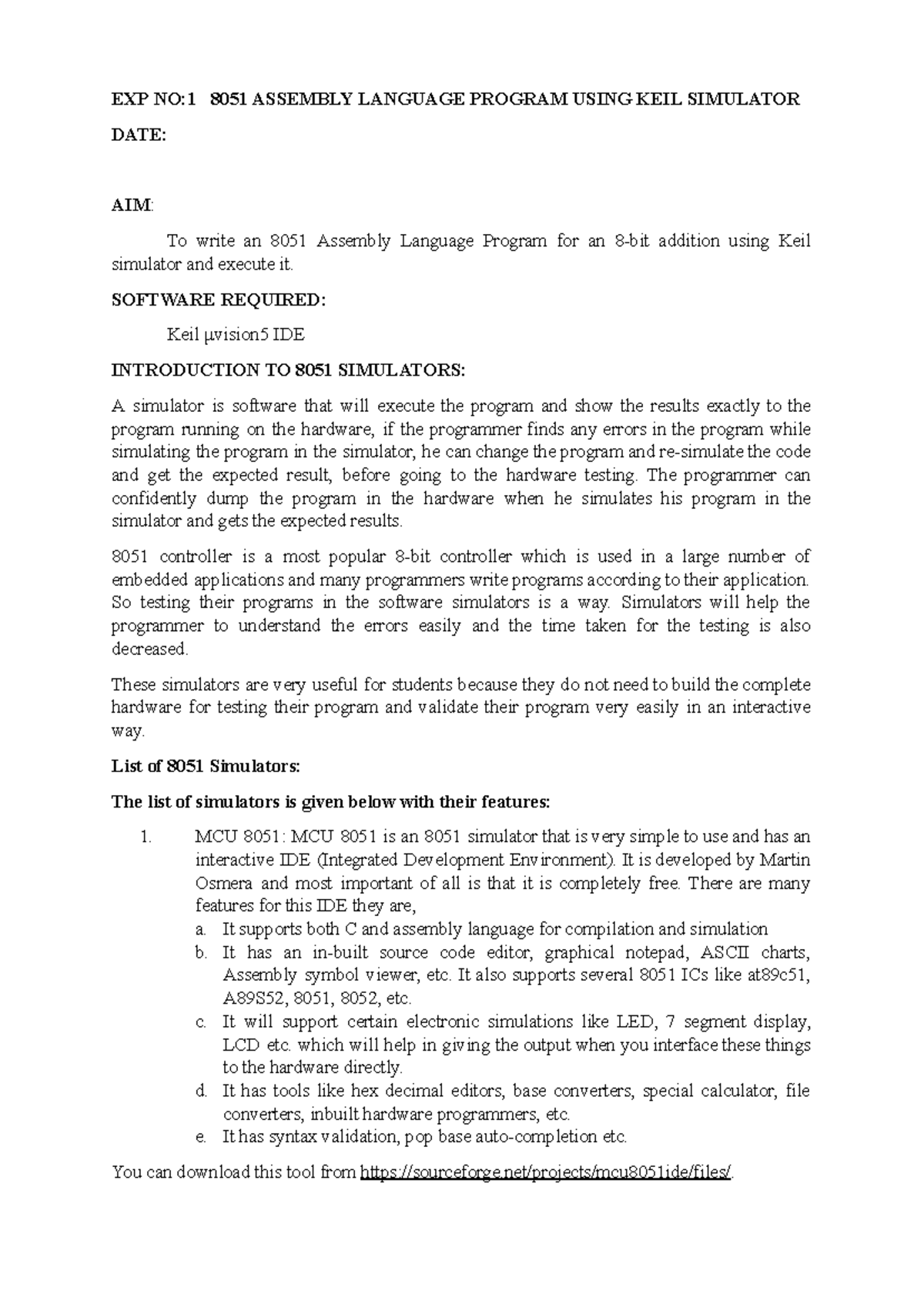 Embedded AND IOT LAB Manual - EXP NO:1 8051 ASSEMBLY LANGUAGE PROGRAM USING KEIL SIMULATOR DATE ...