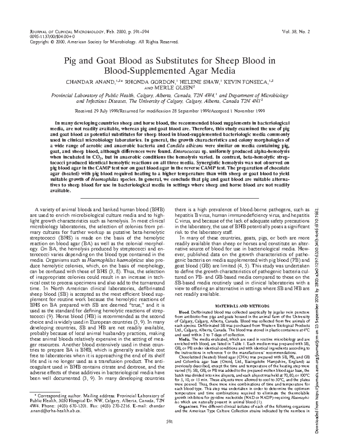 Anand et al 2000 pig and goat blood as substitutes for sheep blood in ...