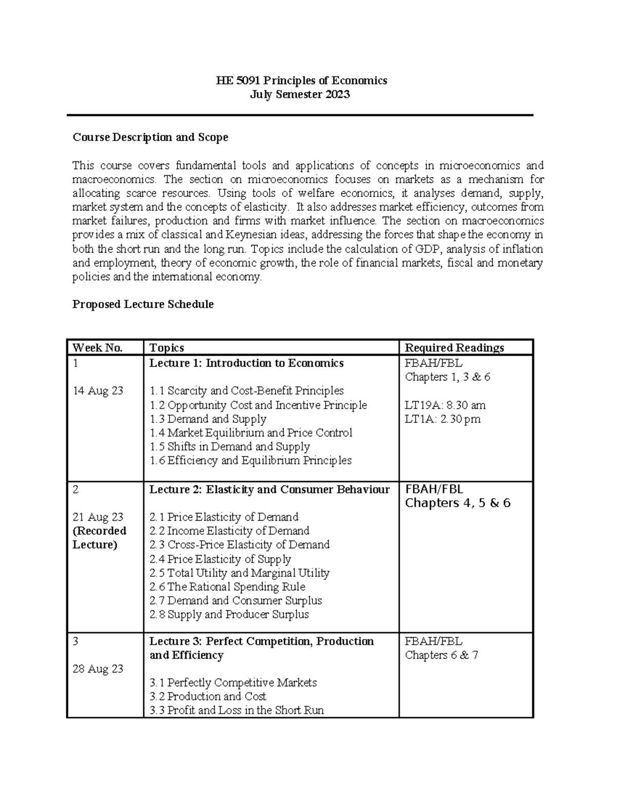 HE5091 Course Outline - HE 5091 Principles of Economics July Semester ...