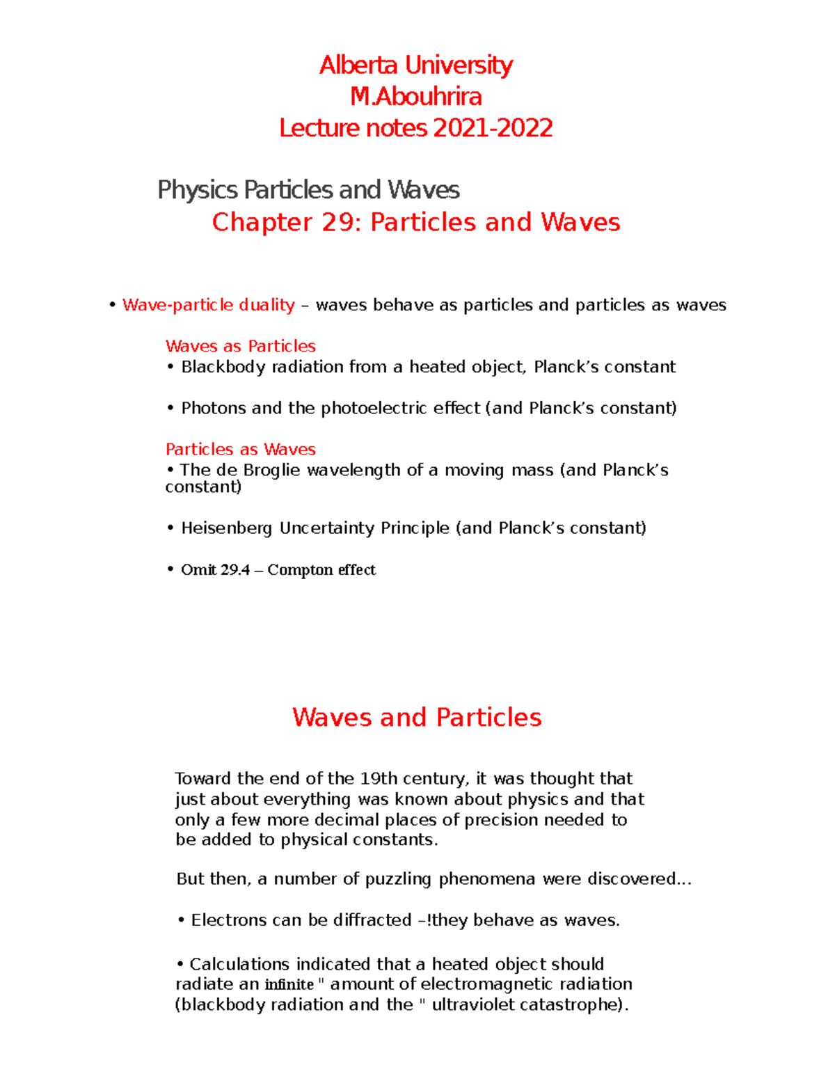 Physics Particles and Waves 1 - Alberta University M Lecture notes 2021 ...