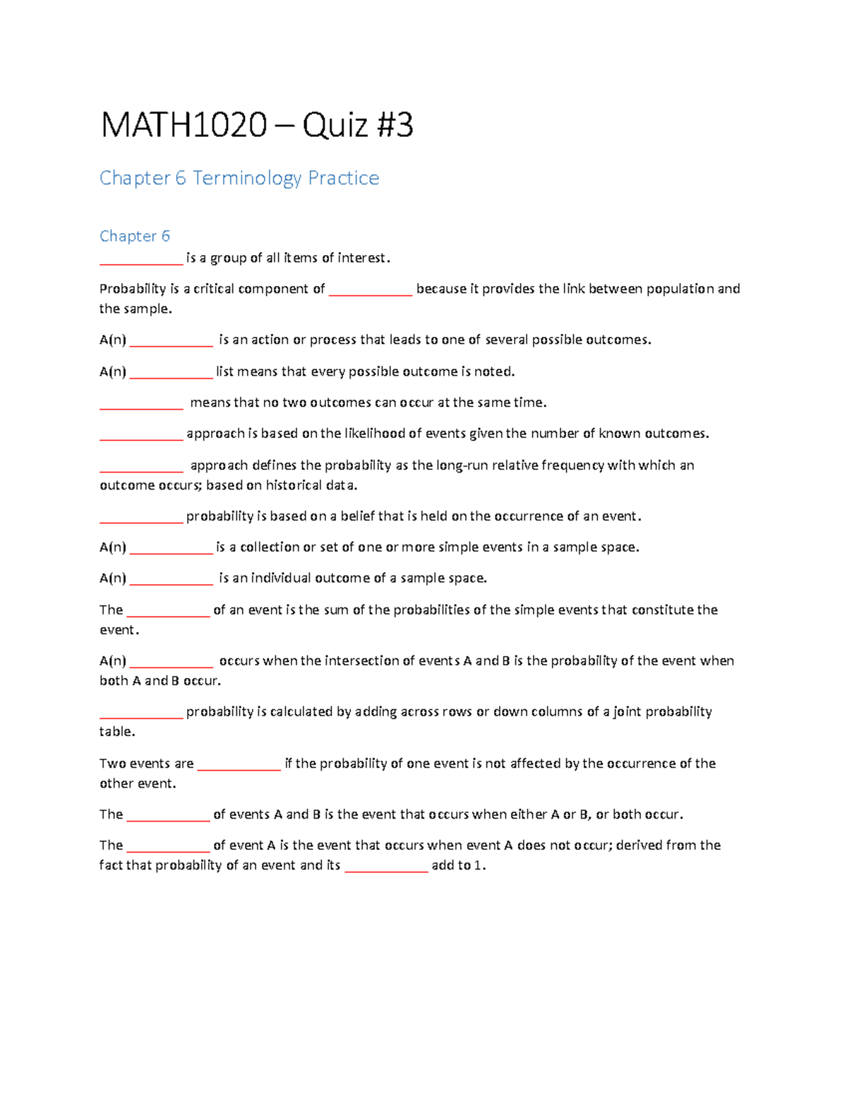 MATH1020 Ch 6 Terminology Practice - MATH1020 – Quiz Chapter 6 ...