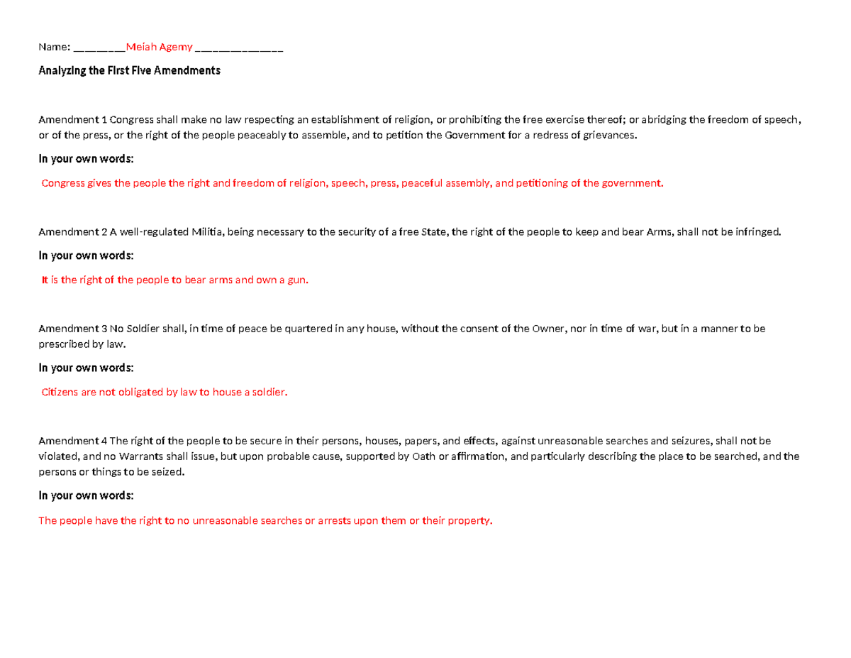 Analyze Amendments 1-5 (Graphic Organizer) - Name: _________Meiah Agemy ...