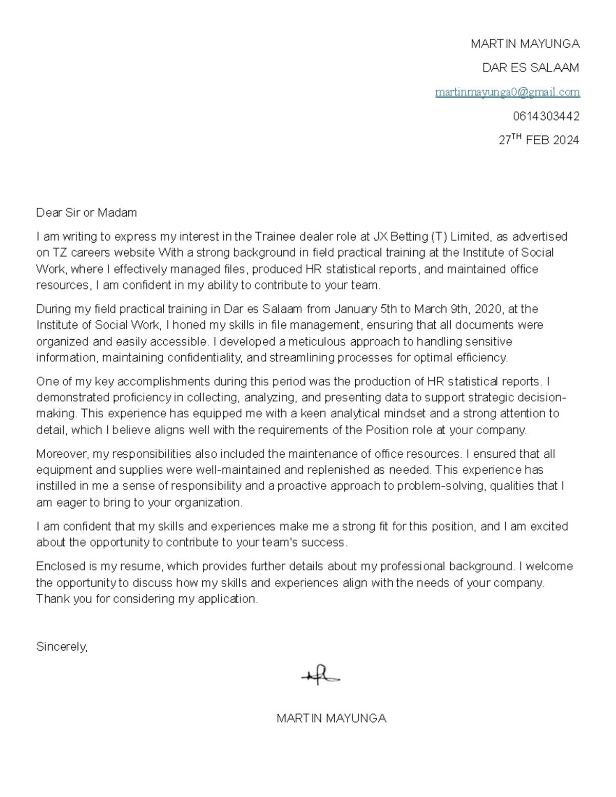 Cover Letter - MARTIN MAYUNGA DAR ES SALAAM martinmayunga 0 @gmail ...