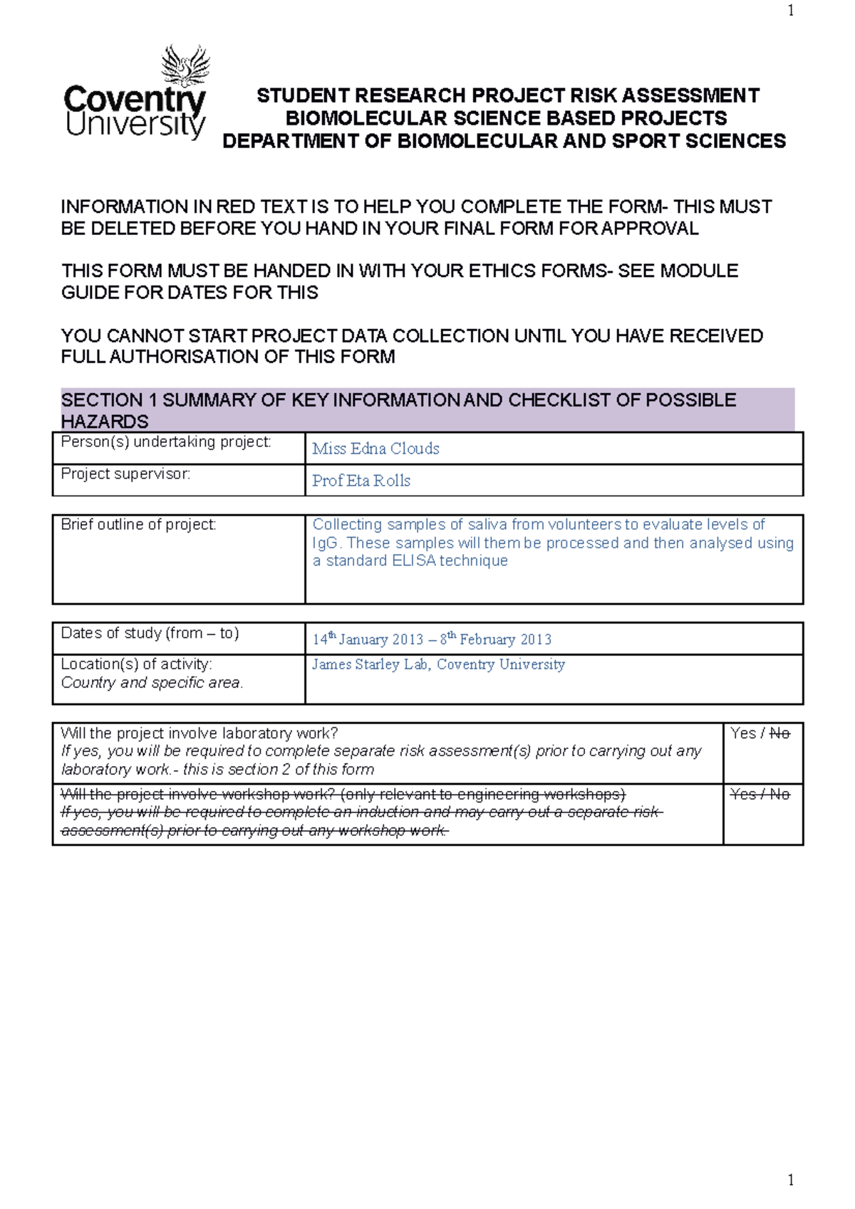 Coshh FORM Example - STUDENT RESEARCH PROJECT RISK ASSESSMENT ...
