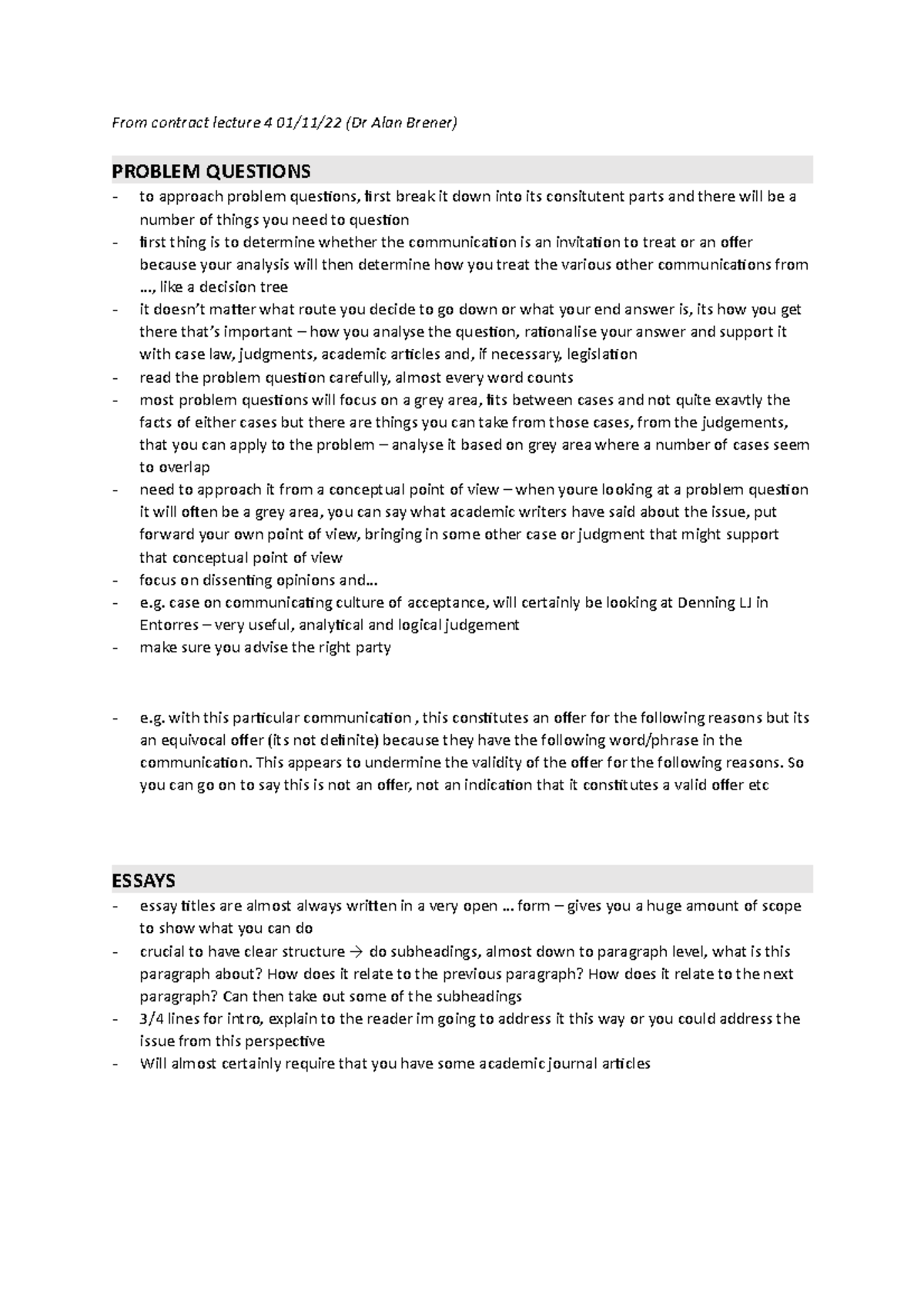 Advice on problem questions and essays from lecture 4 - Copy - From contract lecture 4 01/11/22 ...
