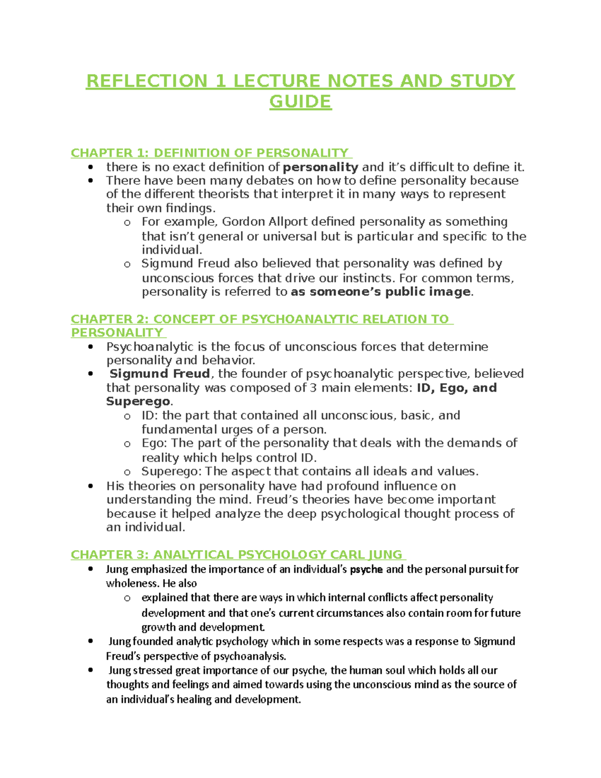 Reflection 1 - introduction to personality - REFLECTION 1 LECTURE NOTES ...