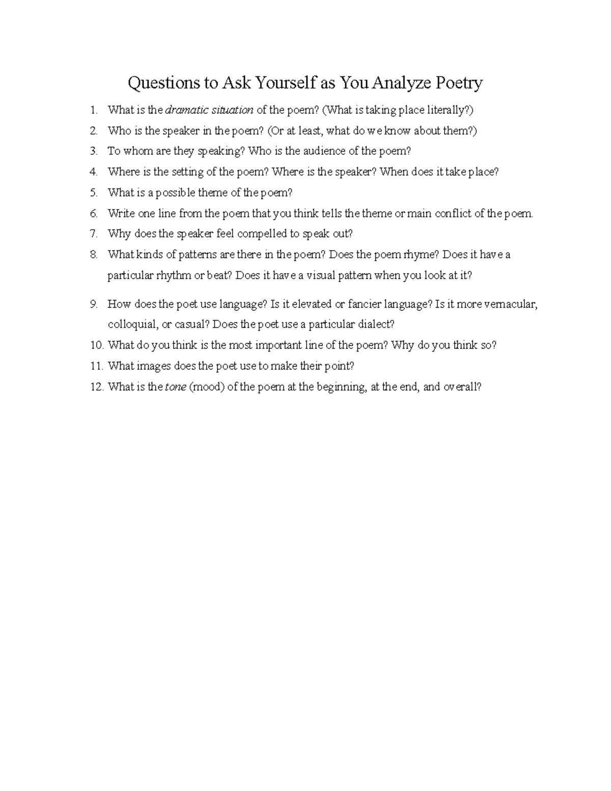Poetry Analysis Questions - Questions to Ask Yourself as You Analyze ...